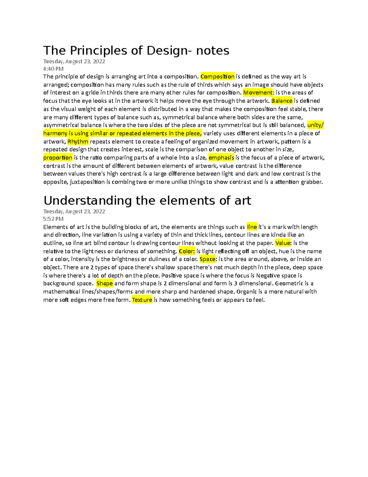 Art notes - The Principles of Design- notes Tuesday, August 23, 2022 4: ...