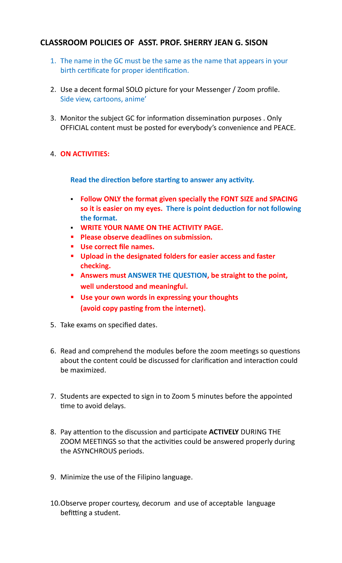 Classroom Policies of Asst. Prof - CLASSROOM POLICIES OF ASST. PROF ...