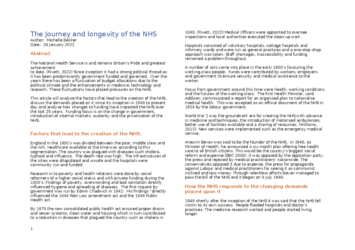 NHS Feature article draft 8 - The Journey and longevity of the NHS ...