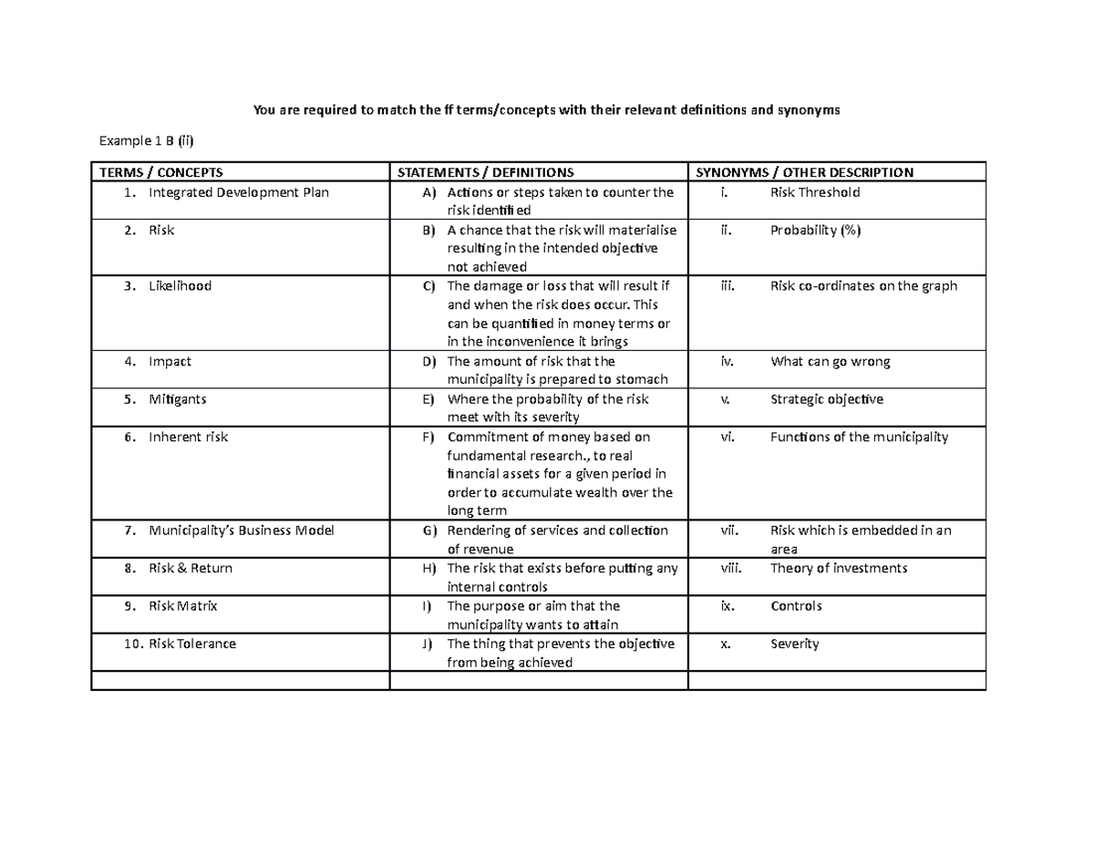 Risk test - This is a practise test - You are required to match the ff ...