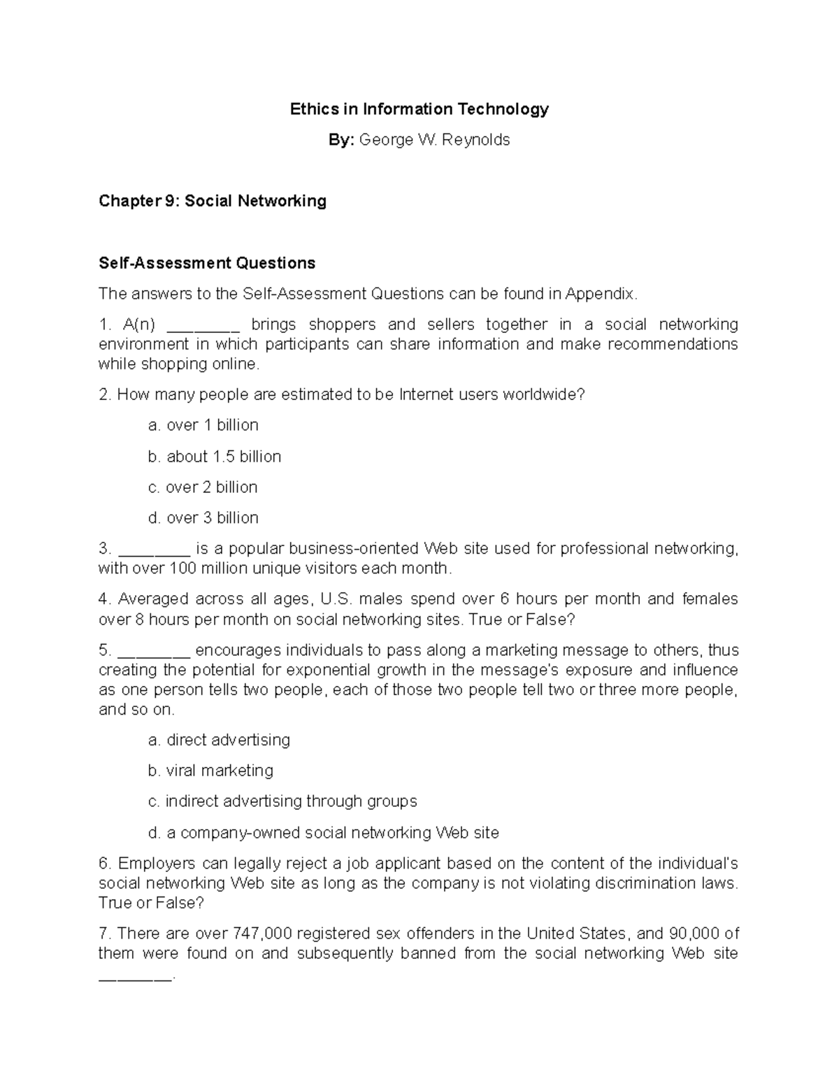 Social networking self-assessment and discussion questions - Ethics in ...