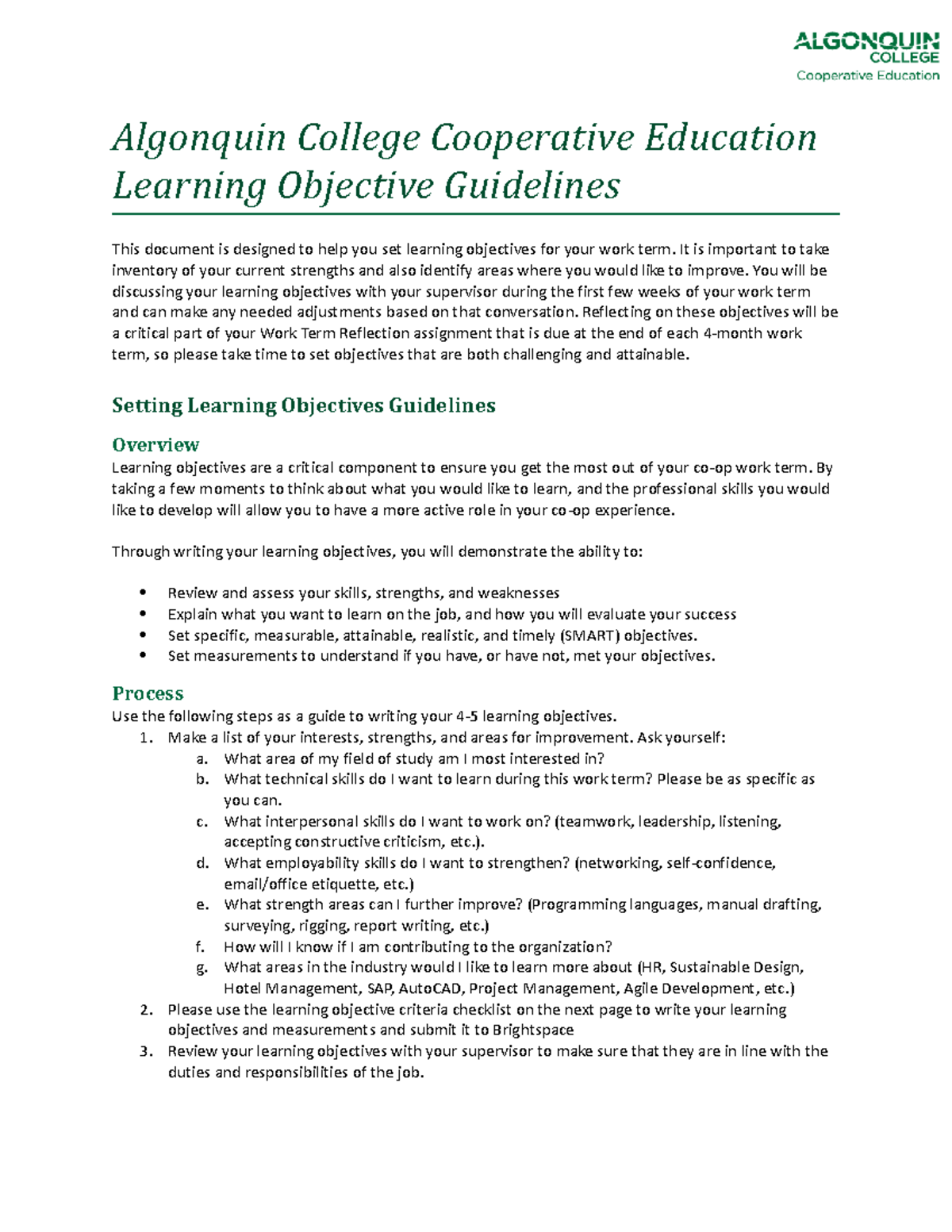 Learning Objectives Guidelines and Assignment (Academic) - Algonquin ...