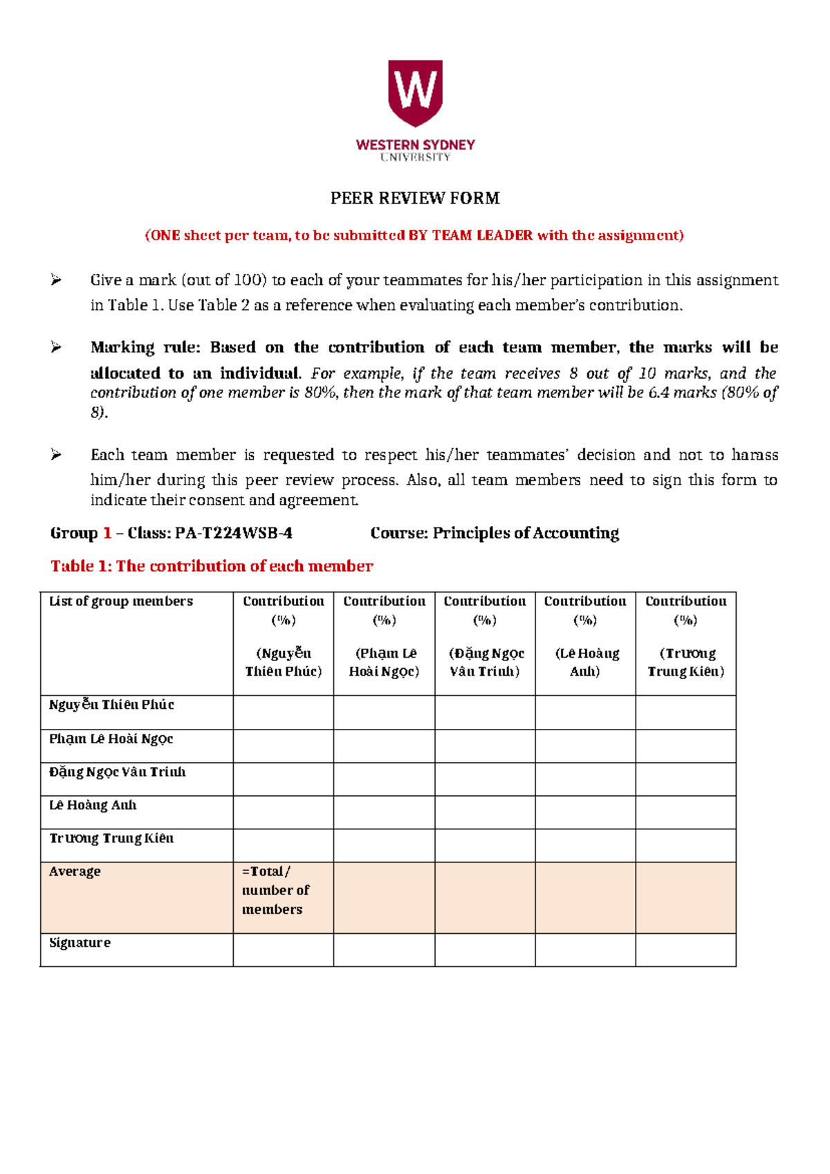 Peer Review Form PA T2 2024 - PEER REVIEW FORM (ONE sheet per team, to ...