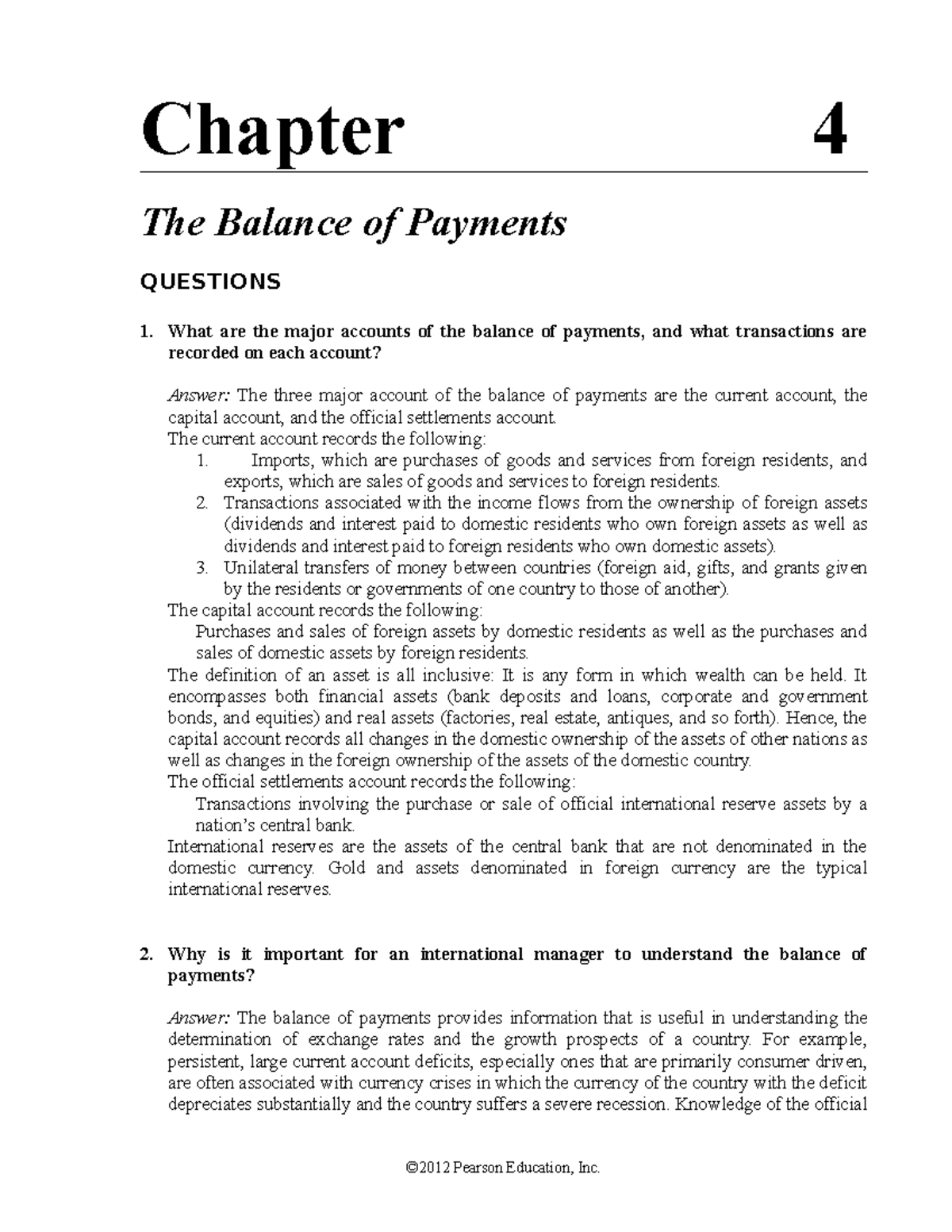 Chapter 4 - Tutorial Solutions - Chapter 4 The Balance of Payments QUESTIONS 1. What are the ...