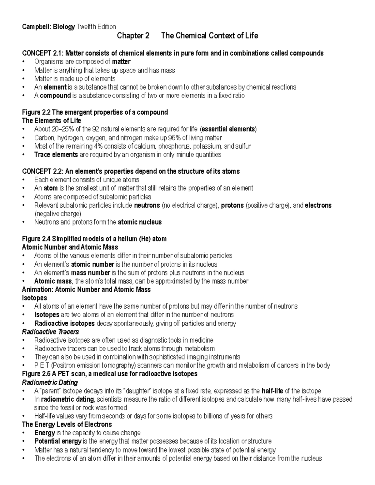 Notes Chapter 02 The Chemical Context Of Life Campbell Biology