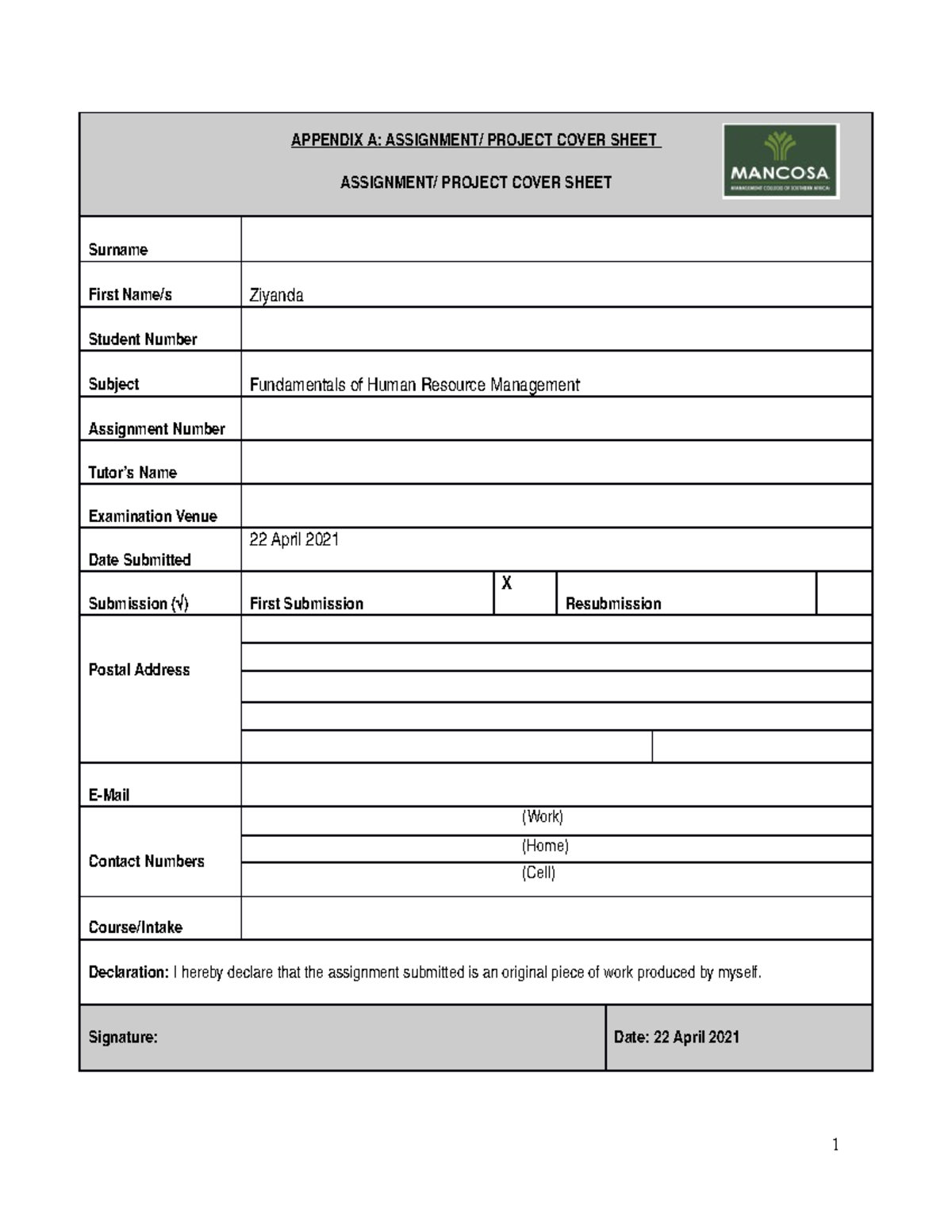 Human resource management 1 - APPENDIX A: ASSIGNMENT/ PROJECT COVER ...