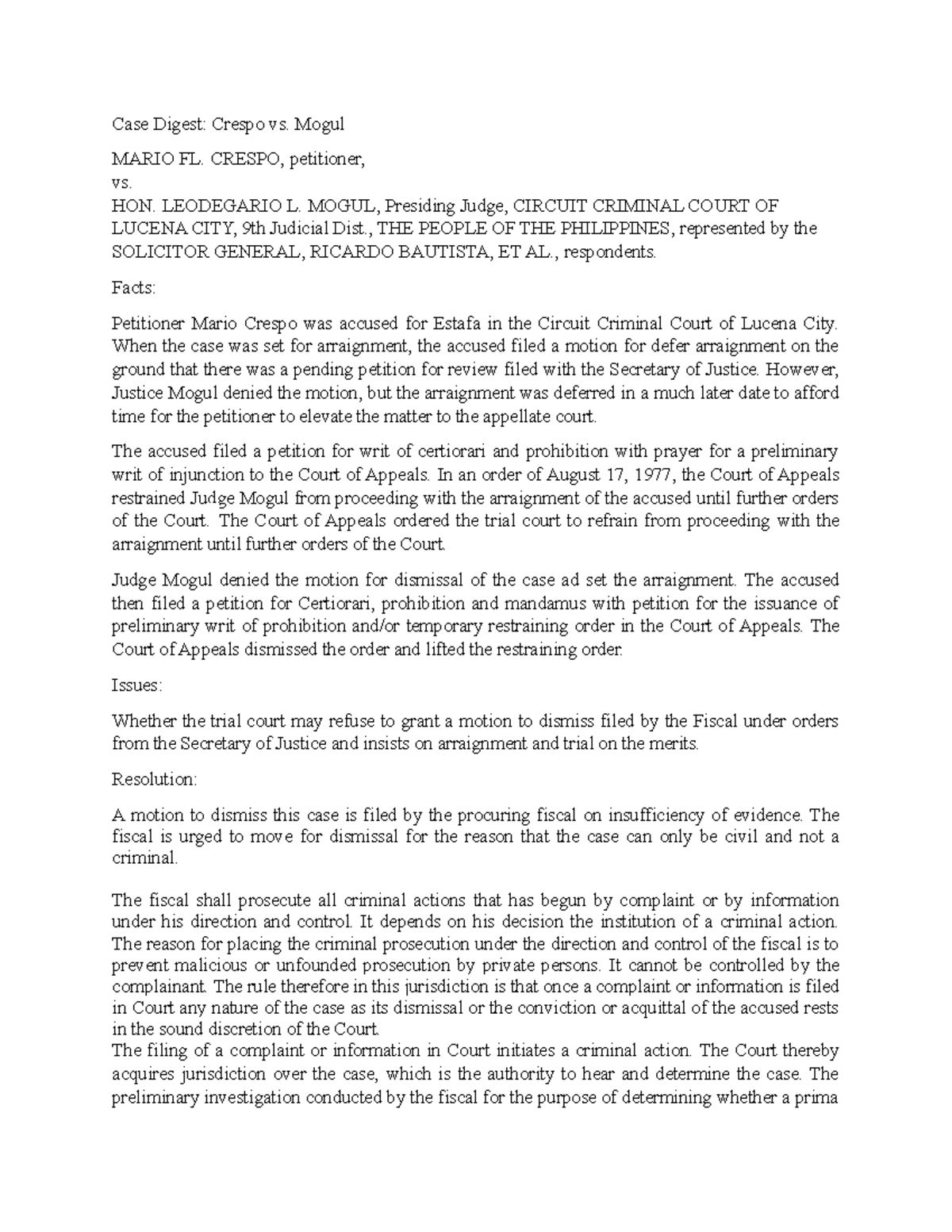 Digest-Crespo v. Mogul - Case Digest: Crespo vs. Mogul MARIO FL. CRESPO, petitioner, vs. HON ...