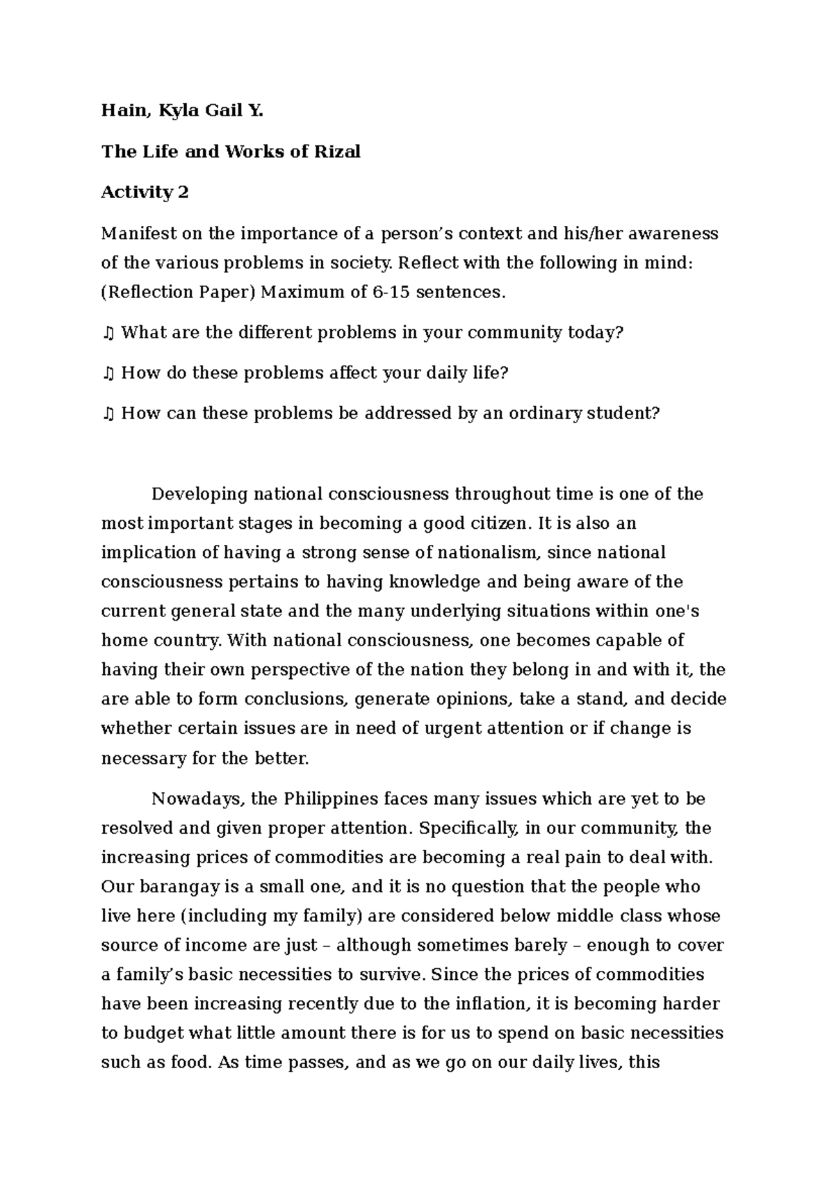 Lesson 2 Activity 1 - Rizal - Hain, Kyla Gail Y. The Life and Works of ...