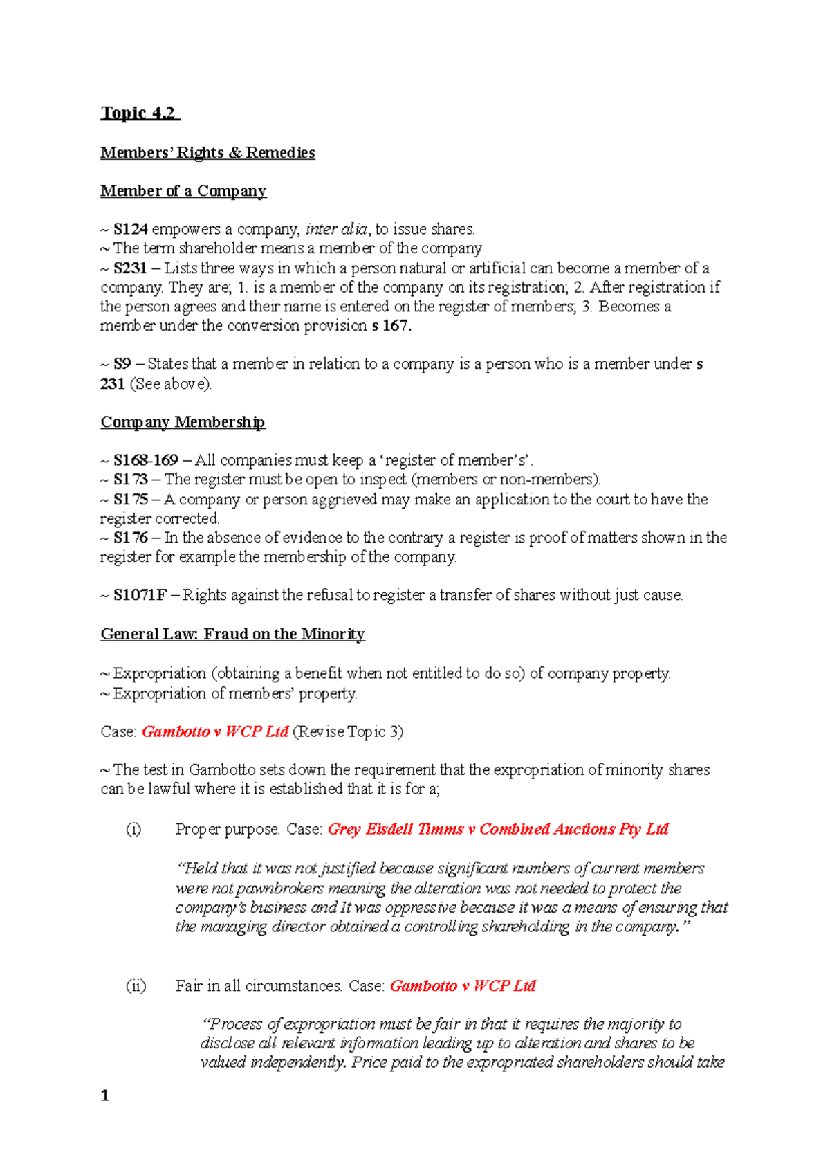 Company Exam Notes 4 - Topic 4. Members’ Rights & Remedies Member of a ...