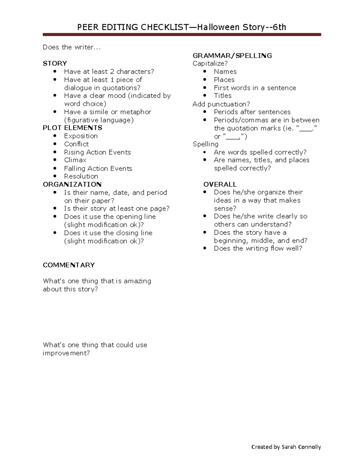 Peer Checklist Halloween Story 6th - PEER EDITING CHECKLIST—Halloween ...