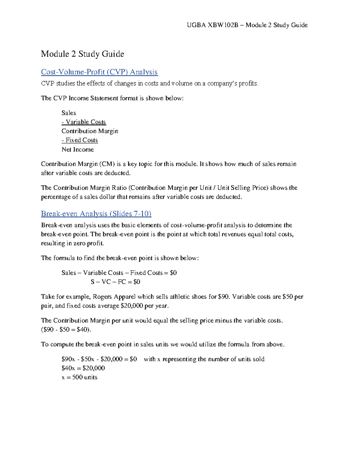 Module 2 Study Guide - Summary Managerial Accounting - UGBA XBW102B – Module 2 Study Guide ...