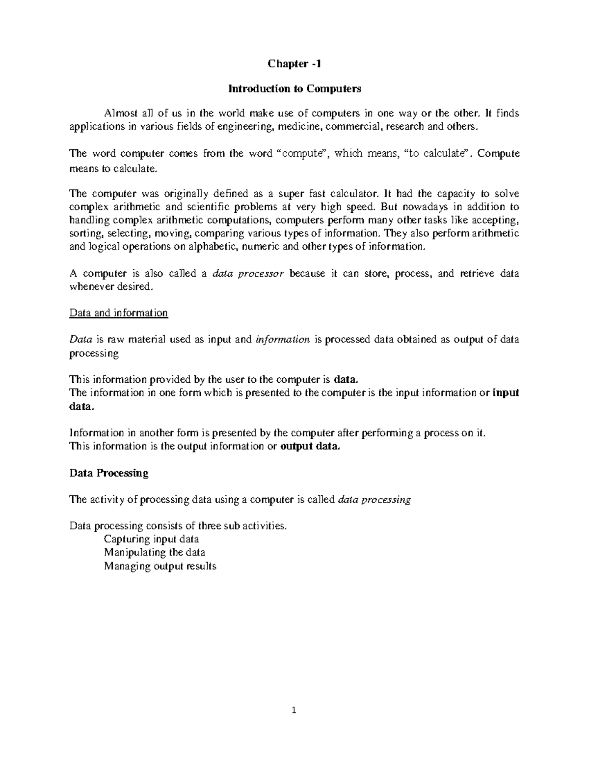 Comp Fund UNIT 1 notes - Chapter - 1 Introduction to Computers Almost ...