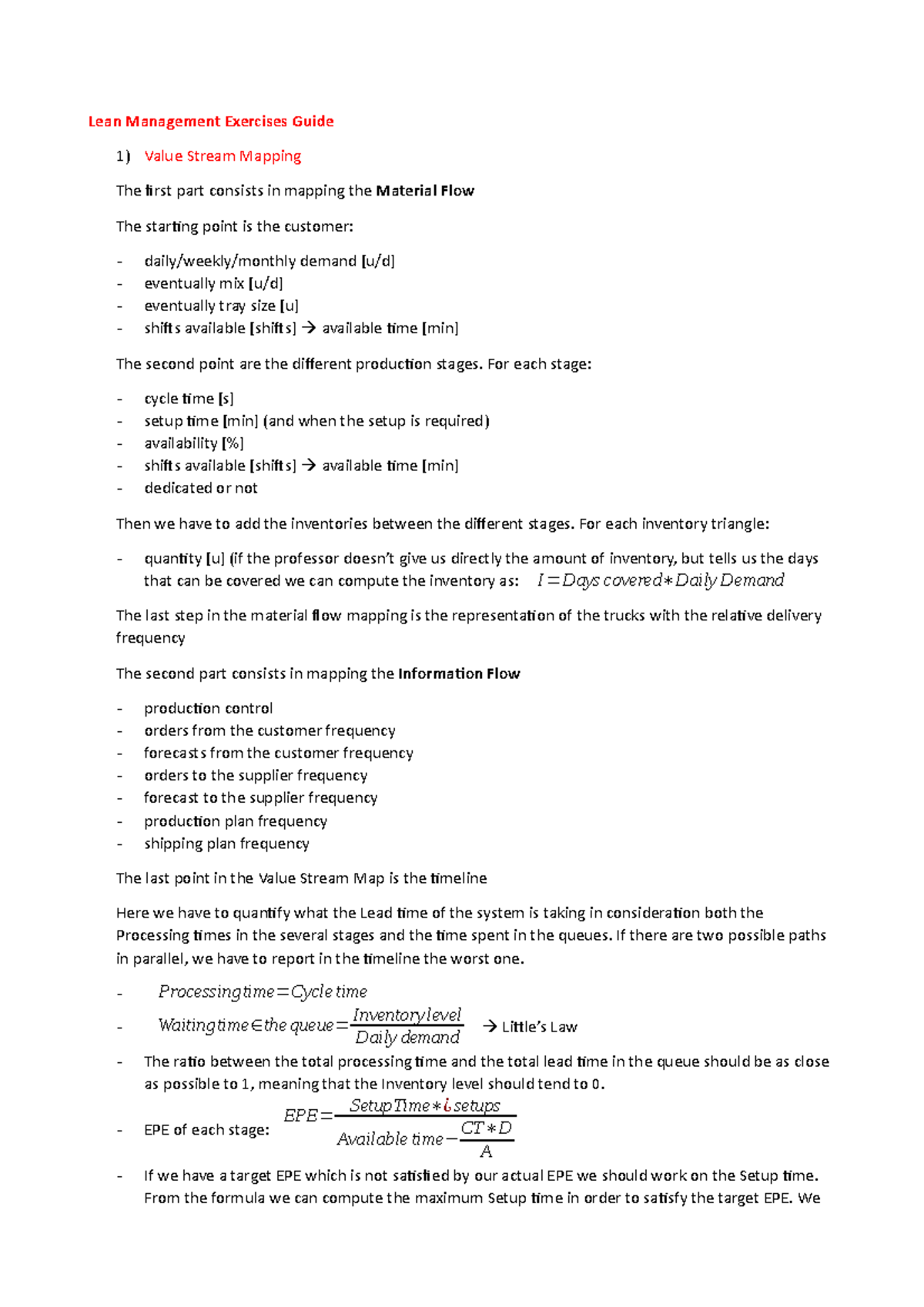 Lean Management Exercises Guide - For each stage: cycle time setup time ...