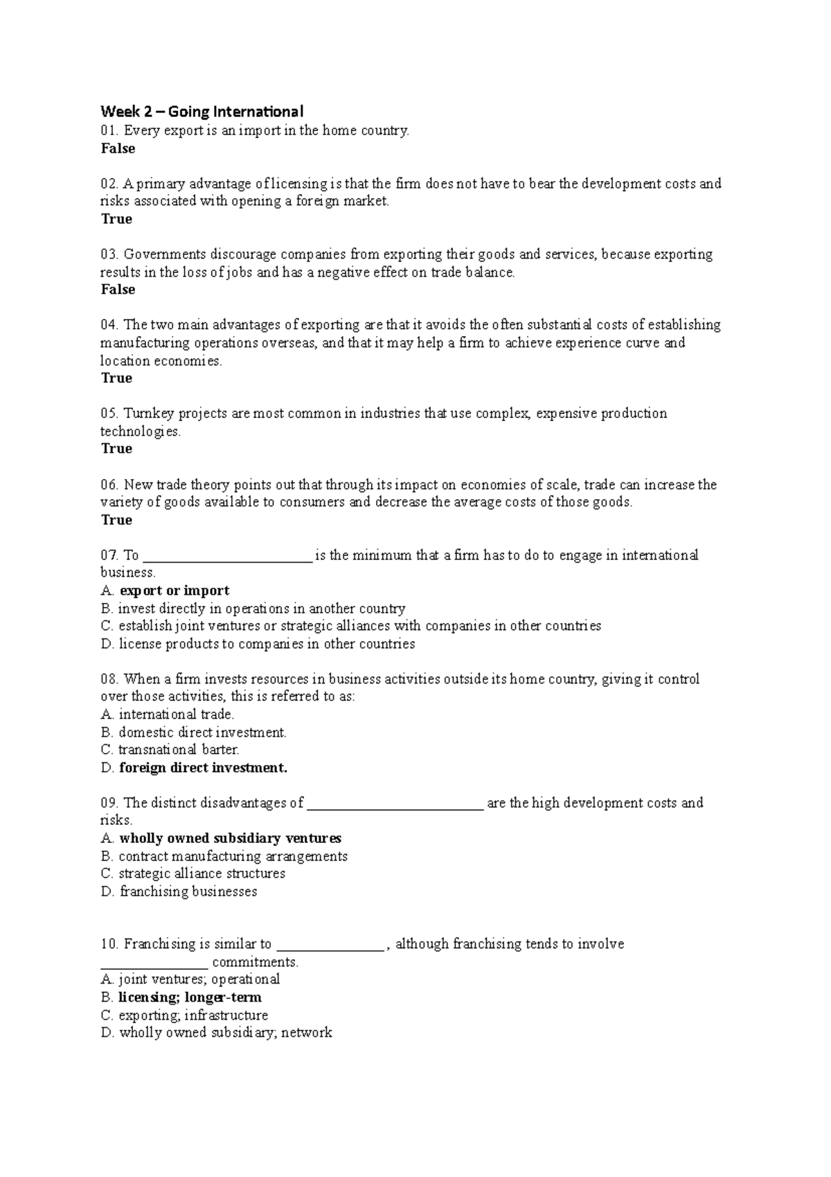 Multiple Choice Quiz Answers Week 2 Going International 01 Every