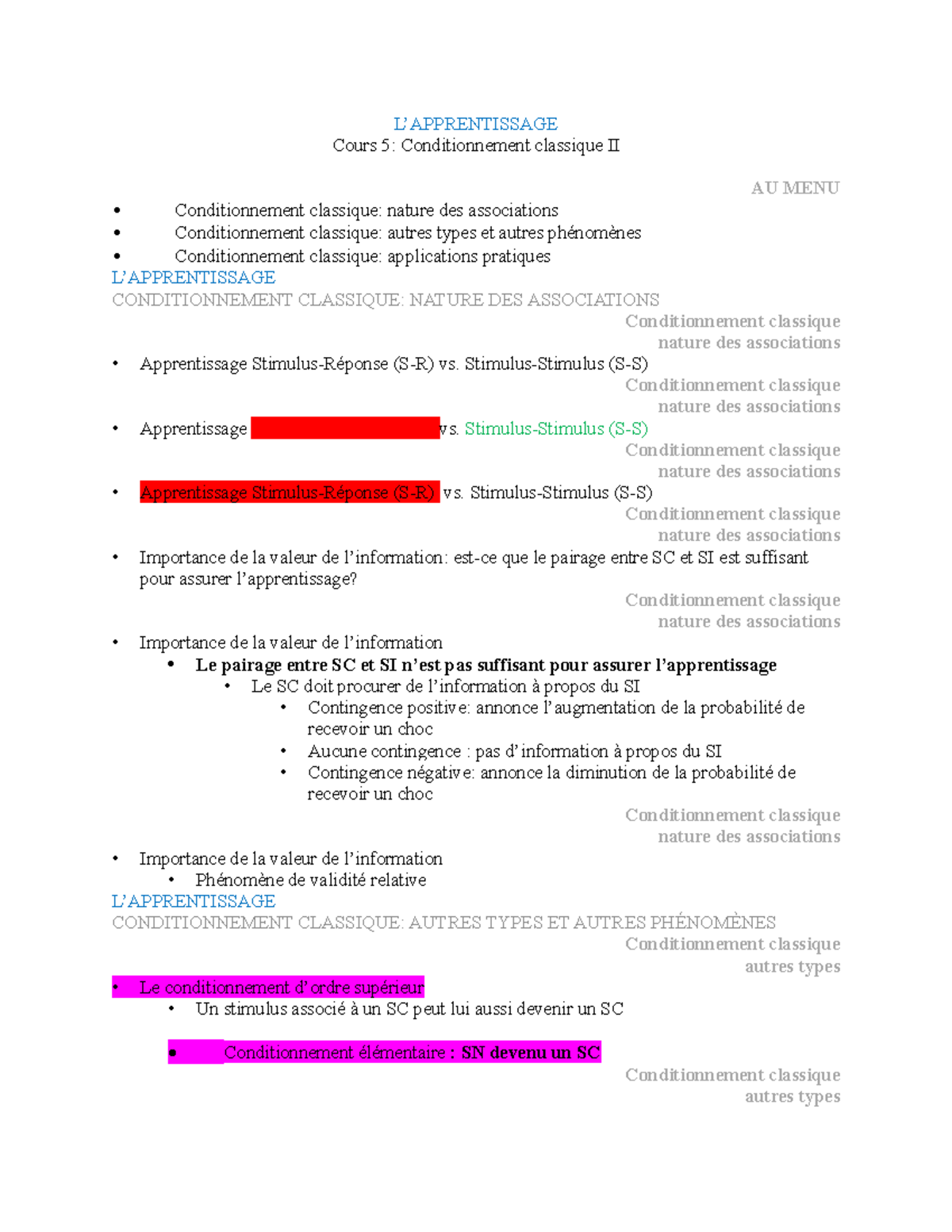 Cours 5 - PSY1085 - L’APPRENTISSAGE Cours 5: Conditionnement classique ...