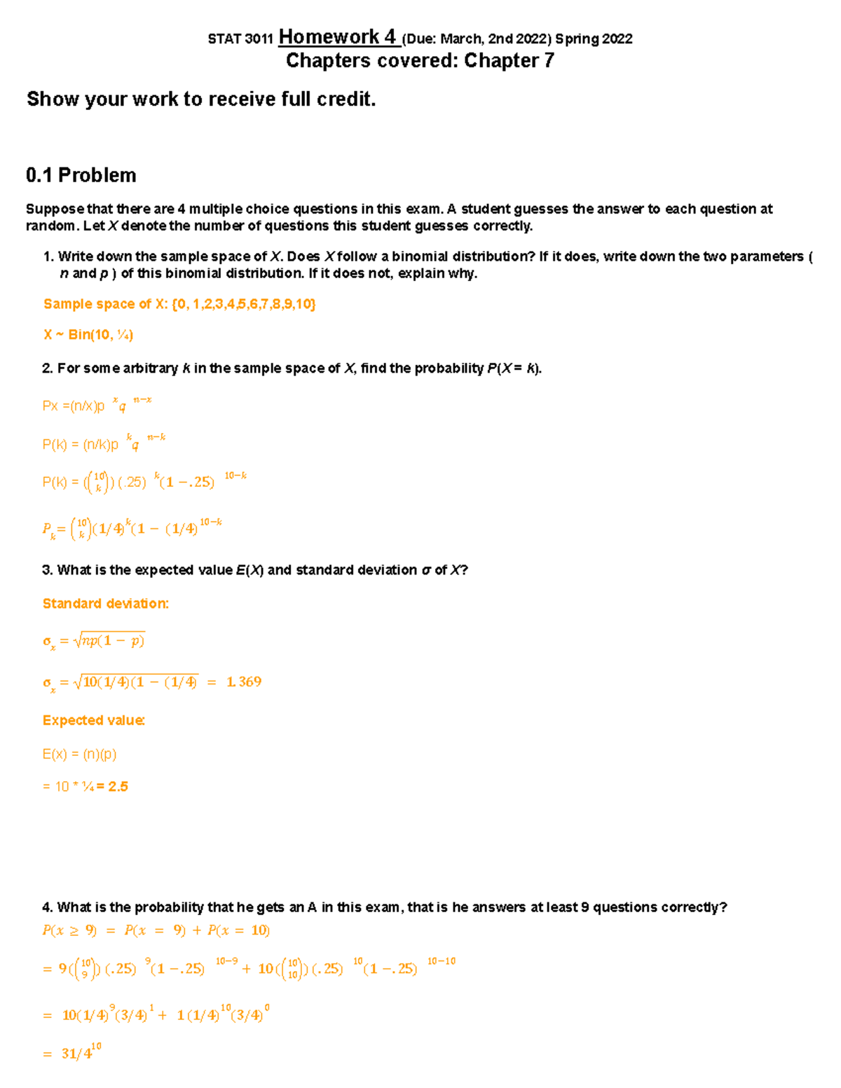 HW4- STATISTICS - STAT 3011 Homework 4 (Due: March, 2nd 2022) Spring ...