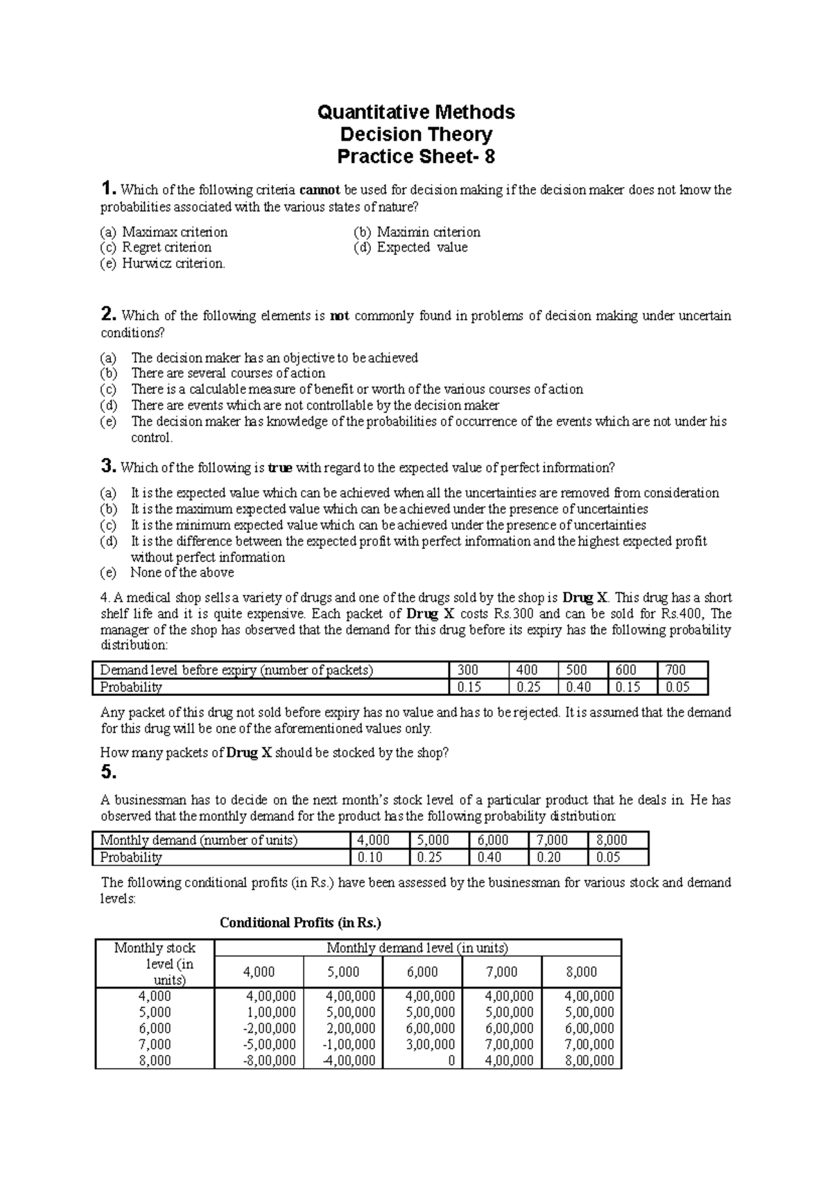 Practice Sheet - 8 Decision Theory - Quantitative Methods Decision ...