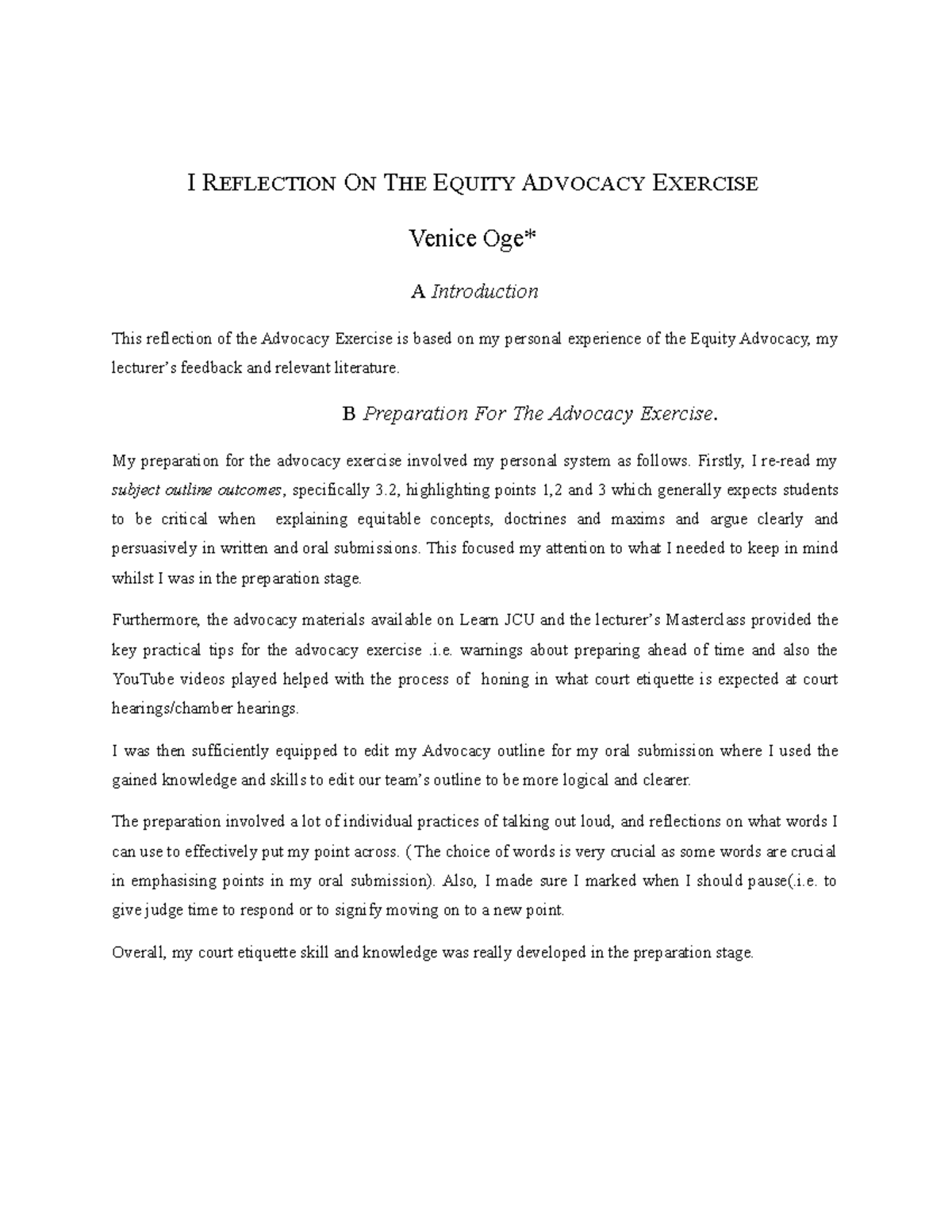Reflection Equity Assignment - LA3013:03 - JCU - Studocu