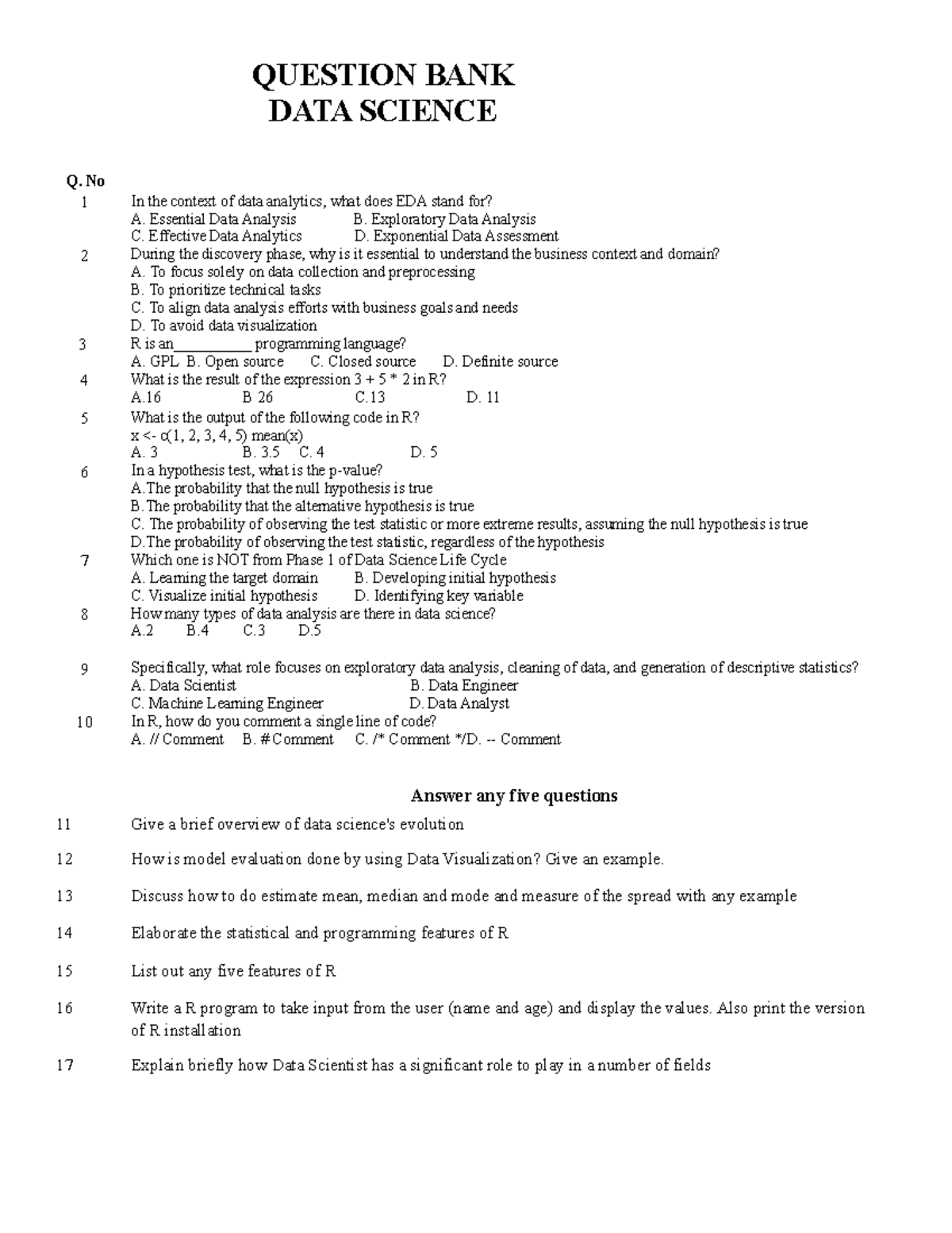 QUESTION BANK DATA SCIENCE - No 1 In the context of data analytics ...