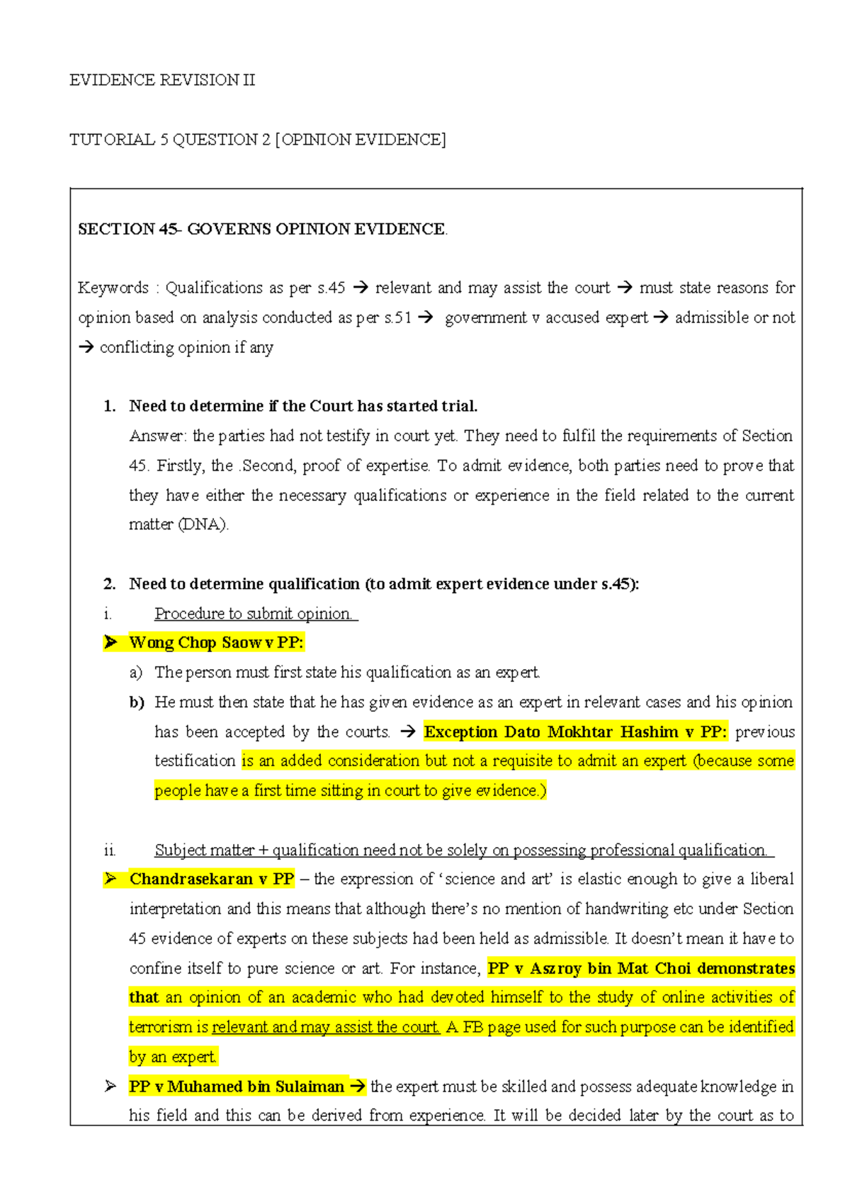 Evidence Tutorial - EVIDENCE REVISION II TUTORIAL 5 QUESTION 2 [OPINION ...