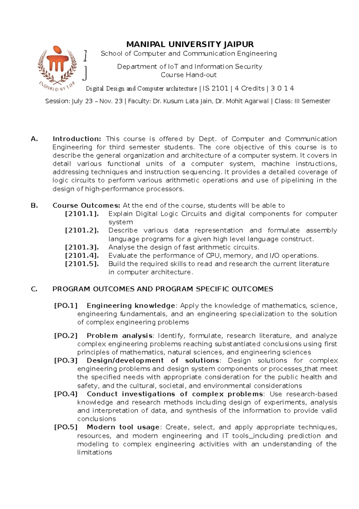 04 COA Handout July-Nov 2023 - A. Introduction: This course is offered by Dept. of Computer and ...