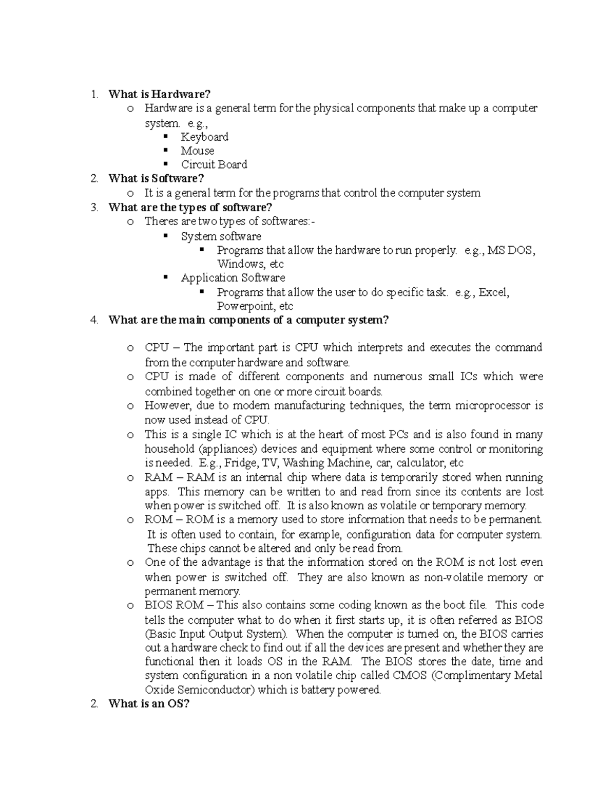 Components AND Types OF Computer ICT Notes - 1. What is Hardware? o ...