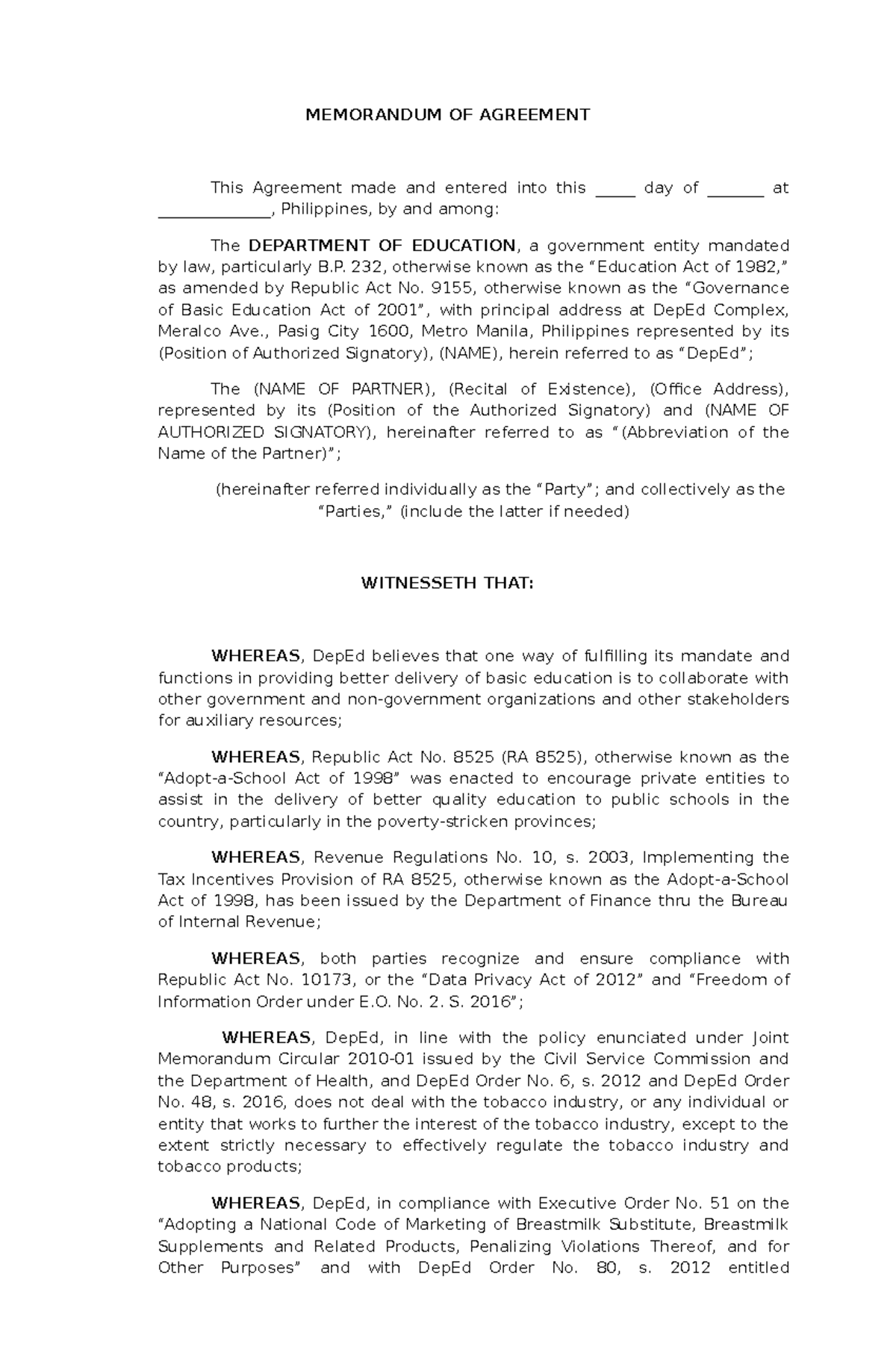 Template-MOA - FOR REFERENCE - MEMORANDUM OF AGREEMENT This Agreement ...