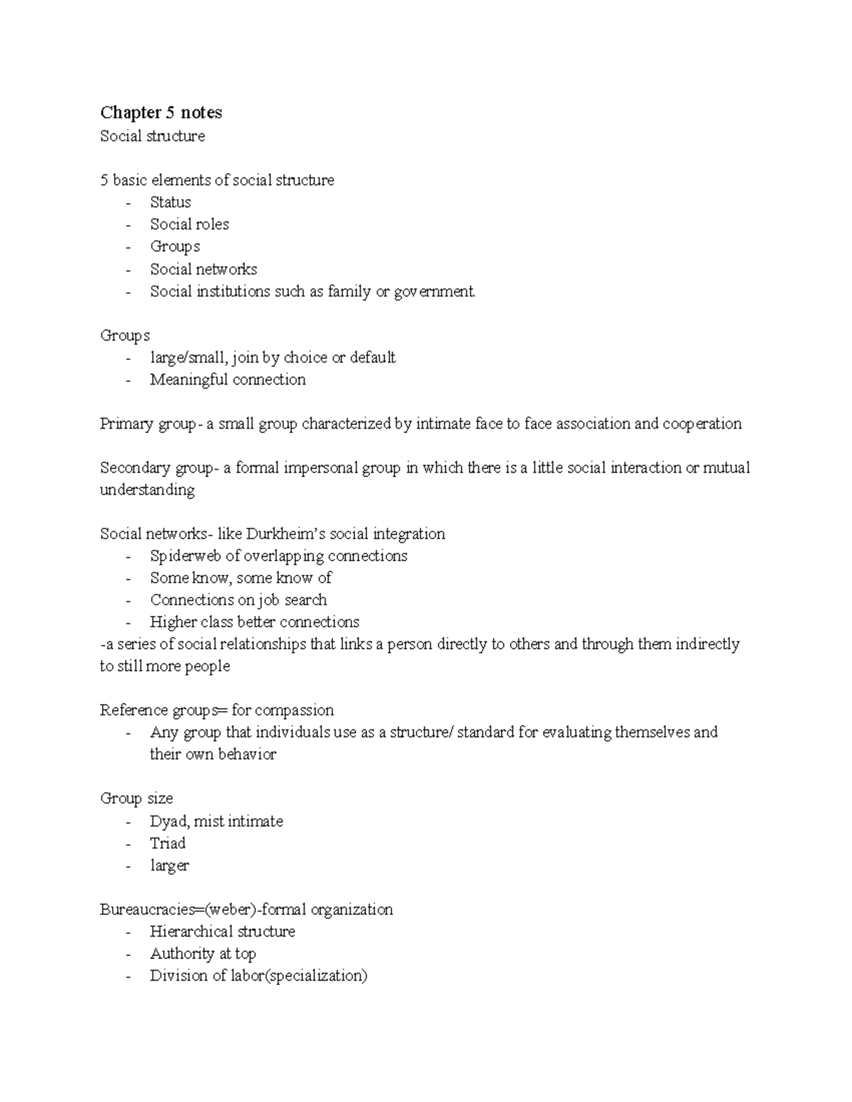 Intro to Sociolgy- chapter 5 notes - Chapter 5 notes Social structure 5 ...