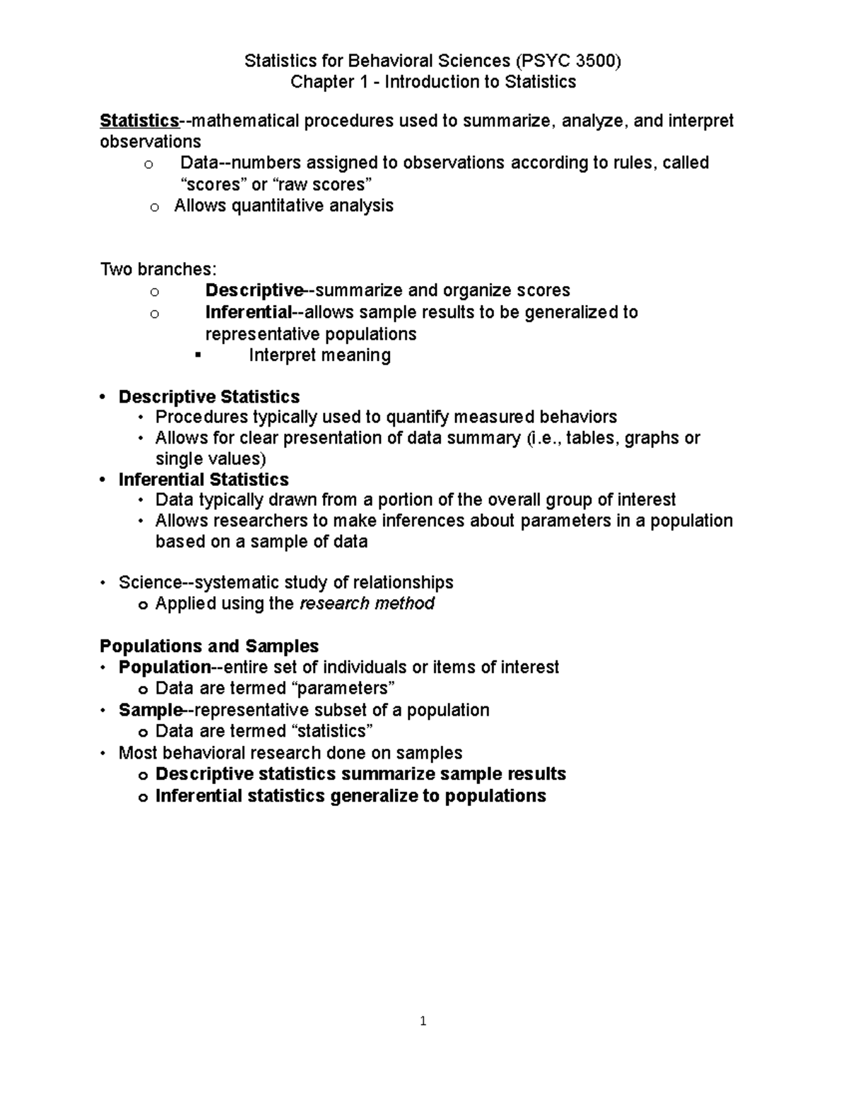 2021 Psyc 3500 Statistics Chapter 1 Notes 1a Chapter 1 Introduction To Statistics Statistics