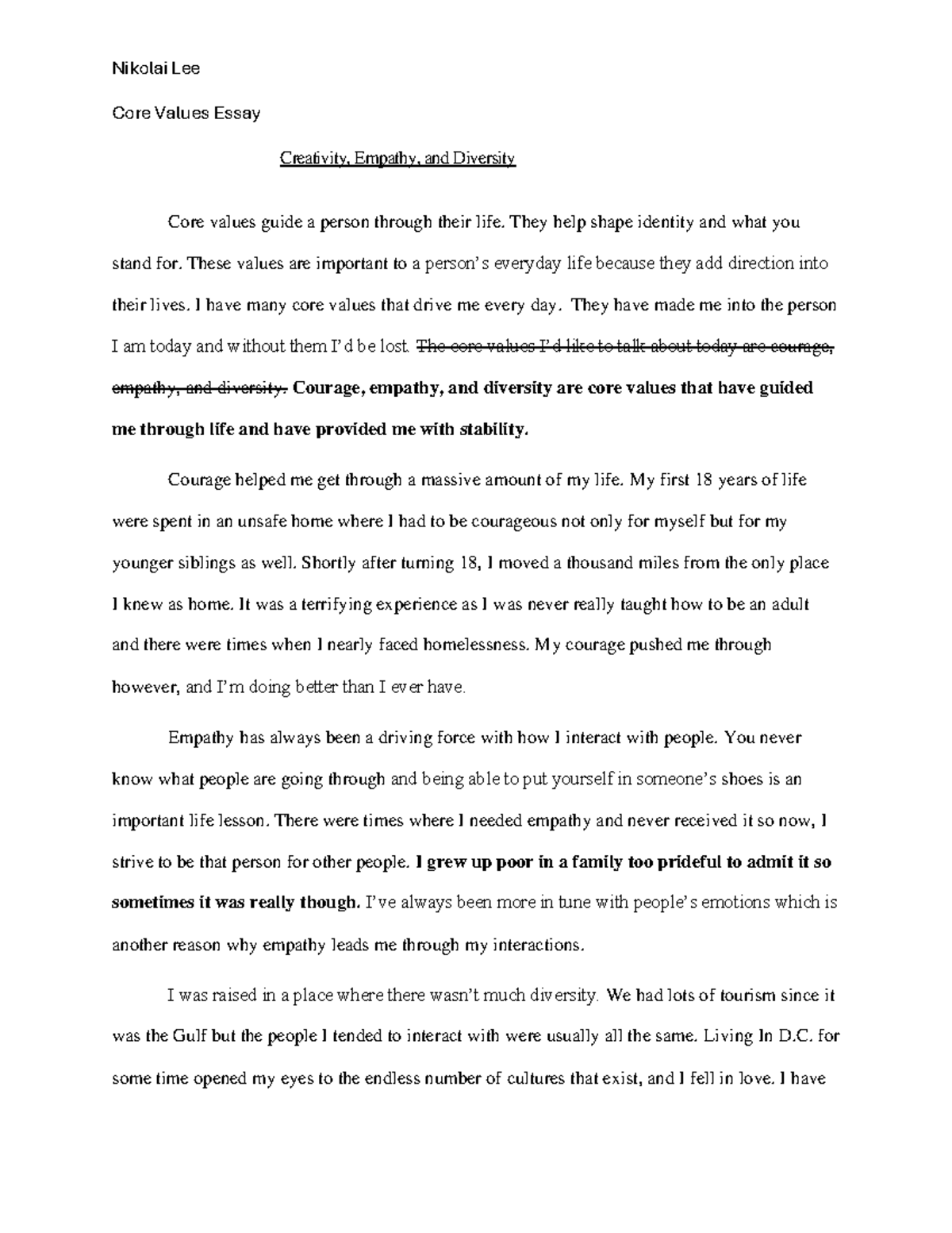 Core Values Essay - Nikolai Lee Core Values Essay Creativity, Empathy ...