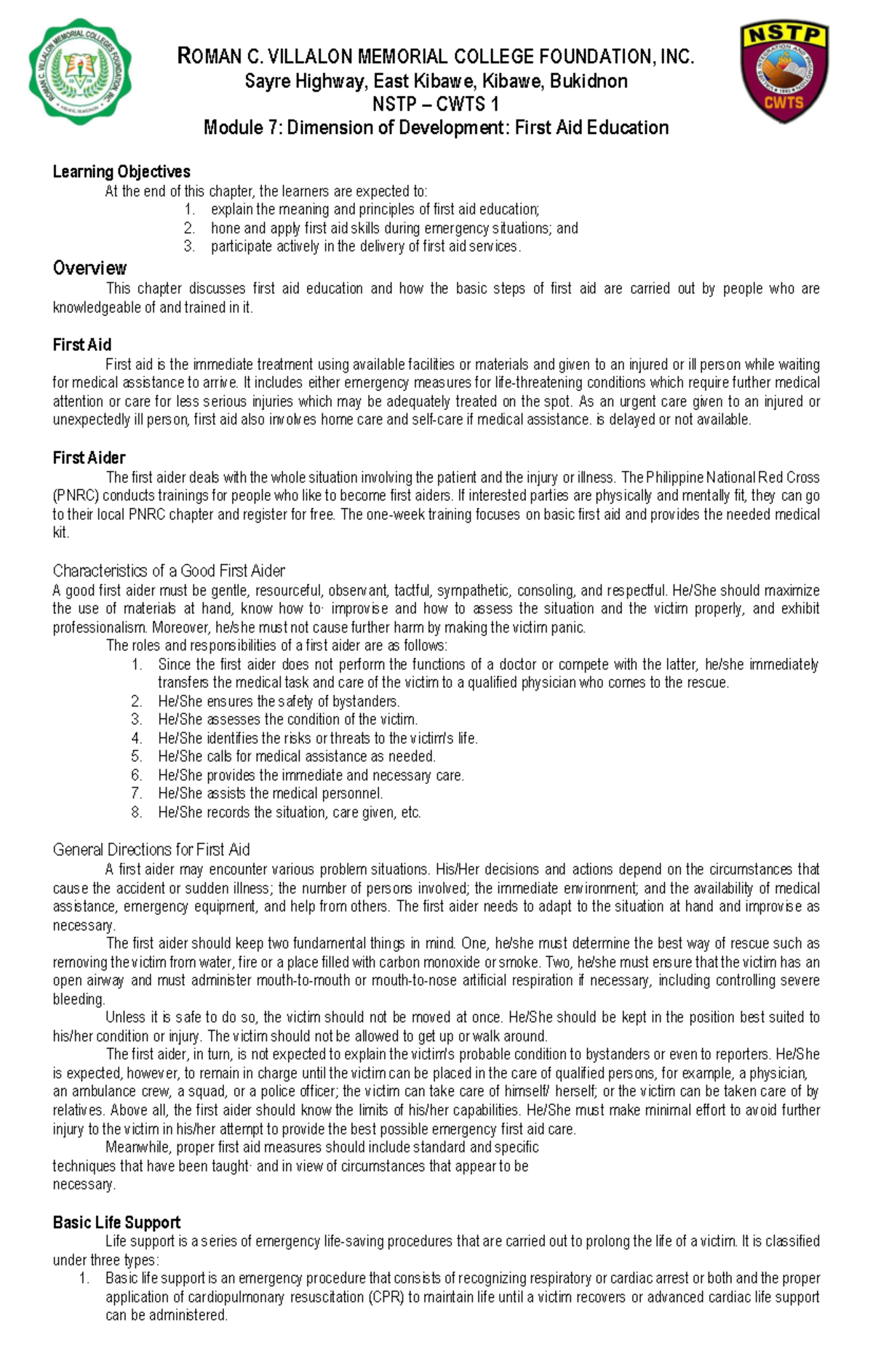 NSTP/CWTS/ROTC/ - ROMAN C. VILLALON MEMORIAL COLLEGE FOUNDATION, INC ...