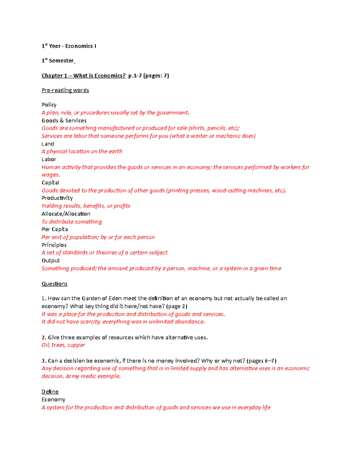 Basic Economics - 1 st Year - Economics I 1 st Semester Chapter 1 ...