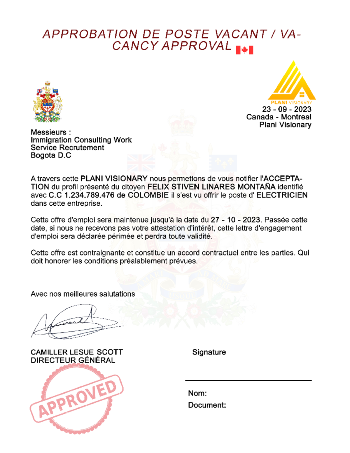 Contrat et lettre d'approbation Felix Linares - frances - Studocu