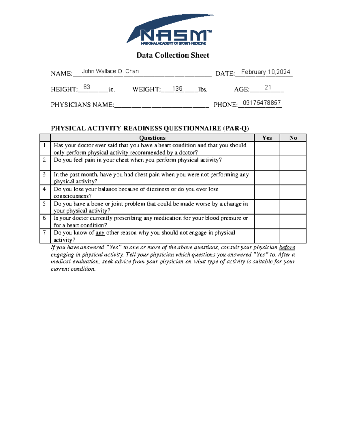 PAR Q form-2 - notes - Data Collection Sheet NAME