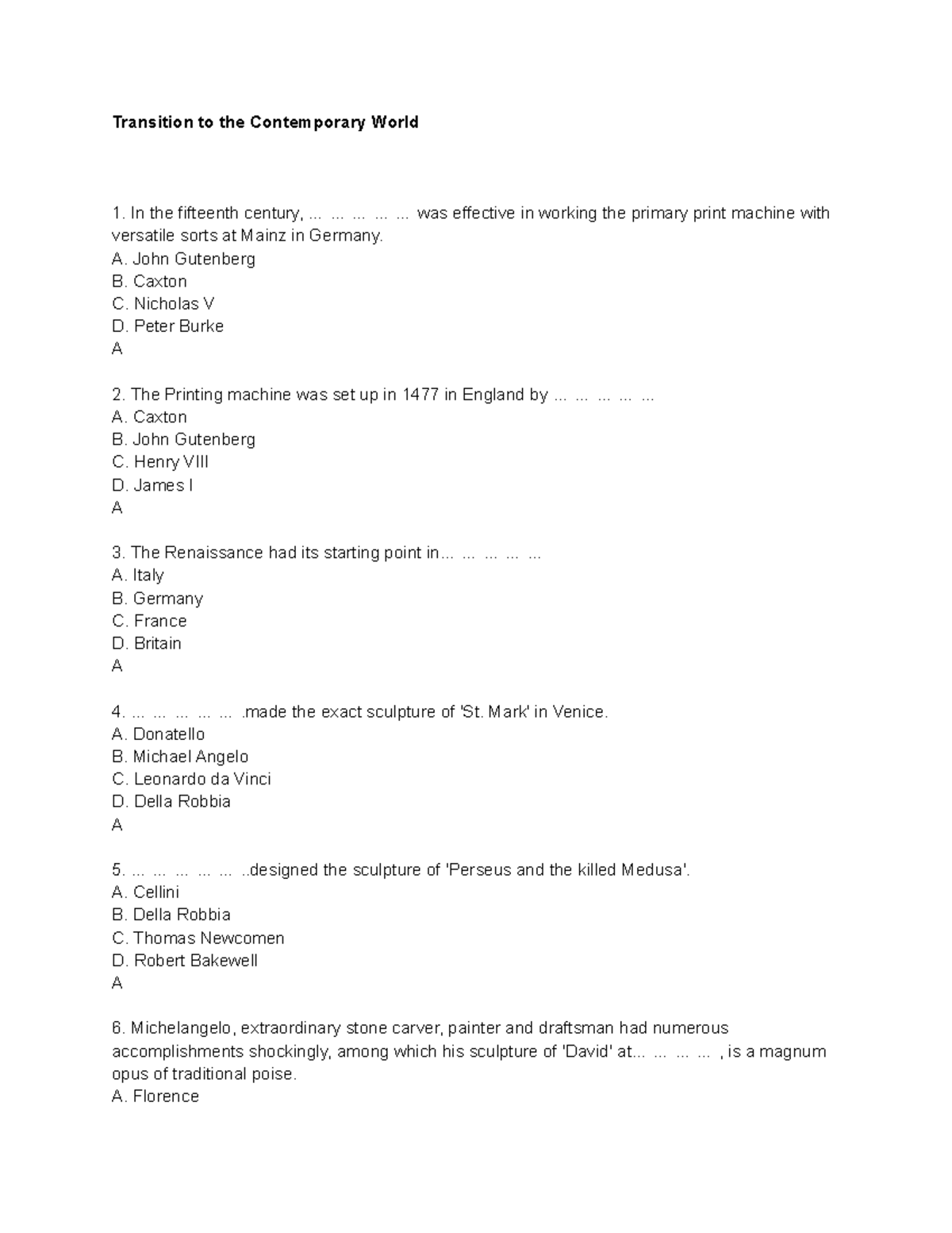Chapter 6 Transition to the Contemporary World - Transition to the ...