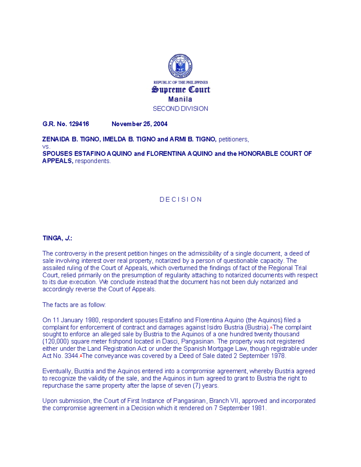 313. Tigno v Aquino - Commercial - SECOND DIVISION G. No. 129416 ...