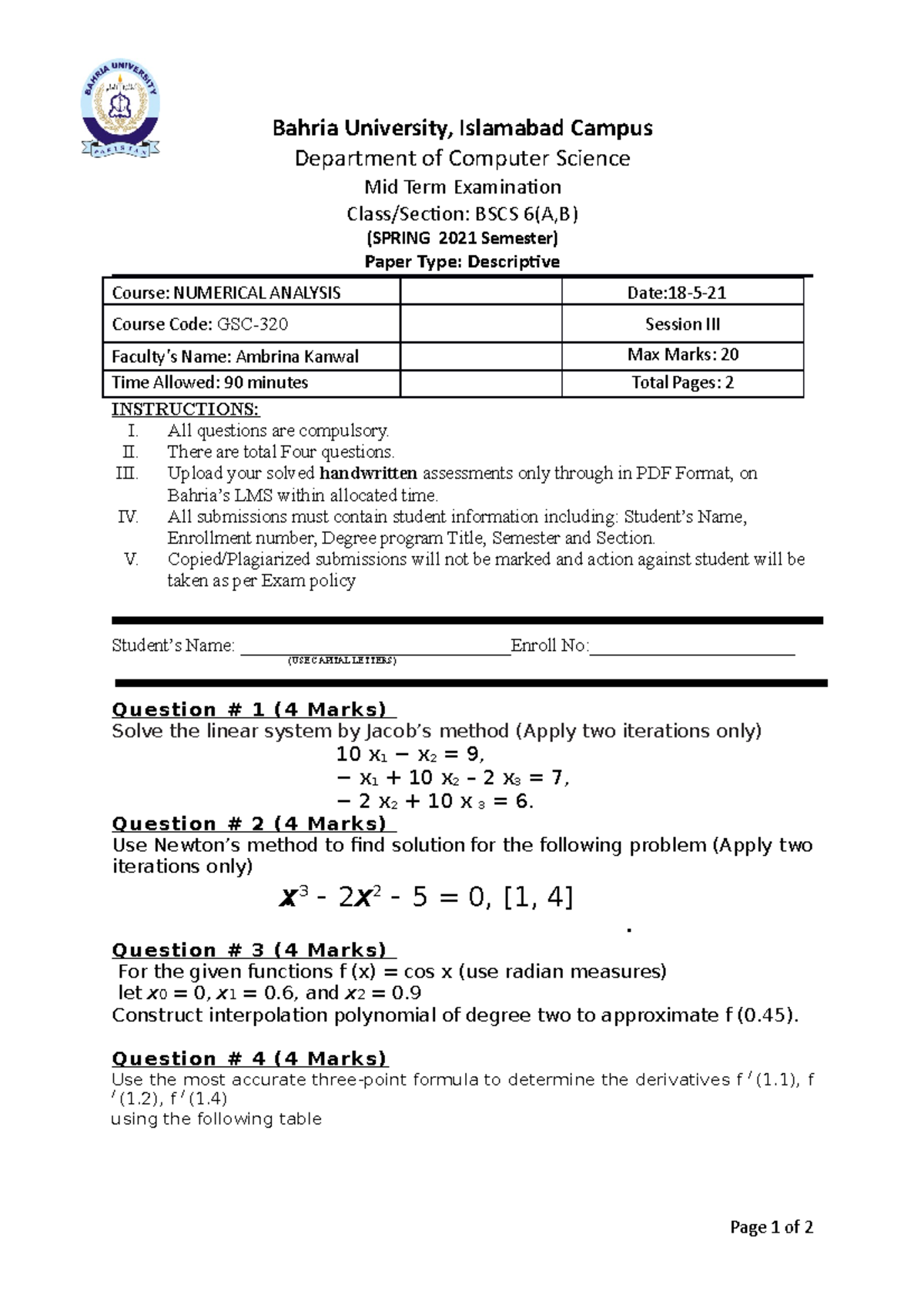 Midterm NA S21 1805202 1 - Bahria University, Islamabad Campus ...