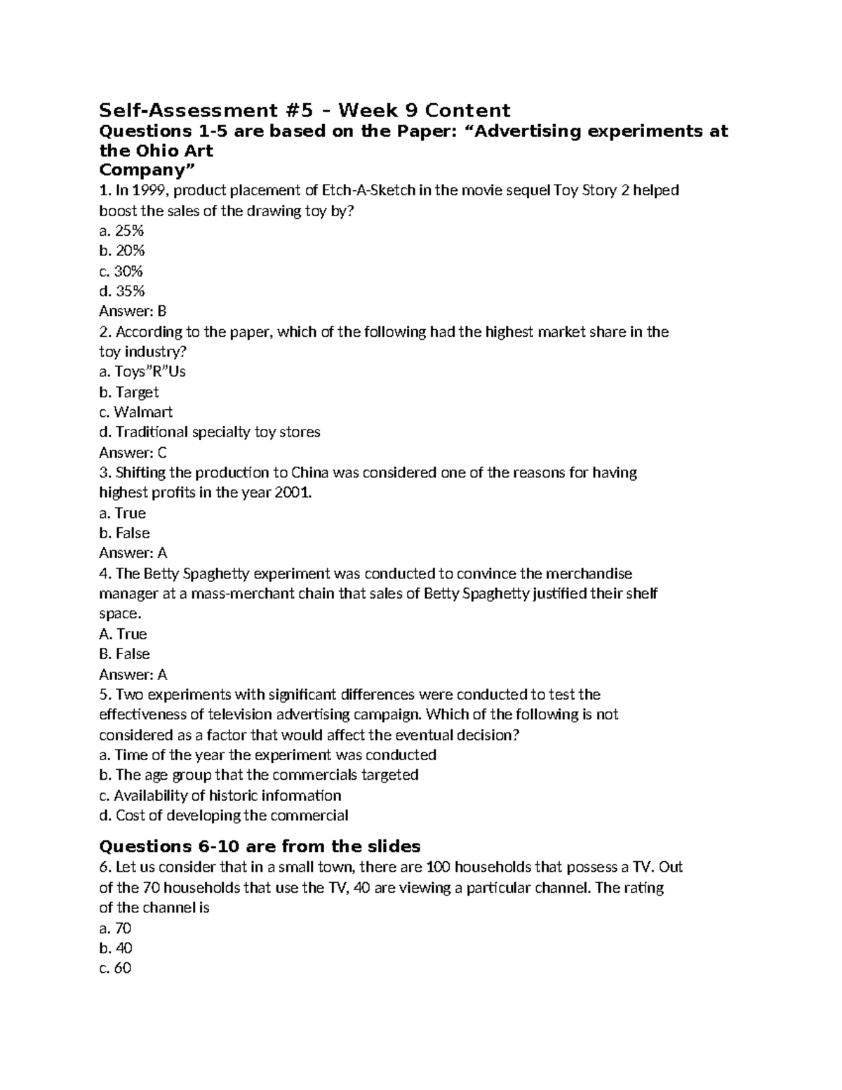 Practice lesson - Self-Assessment #5 – Week 9 Content Questions 1-5 are ...