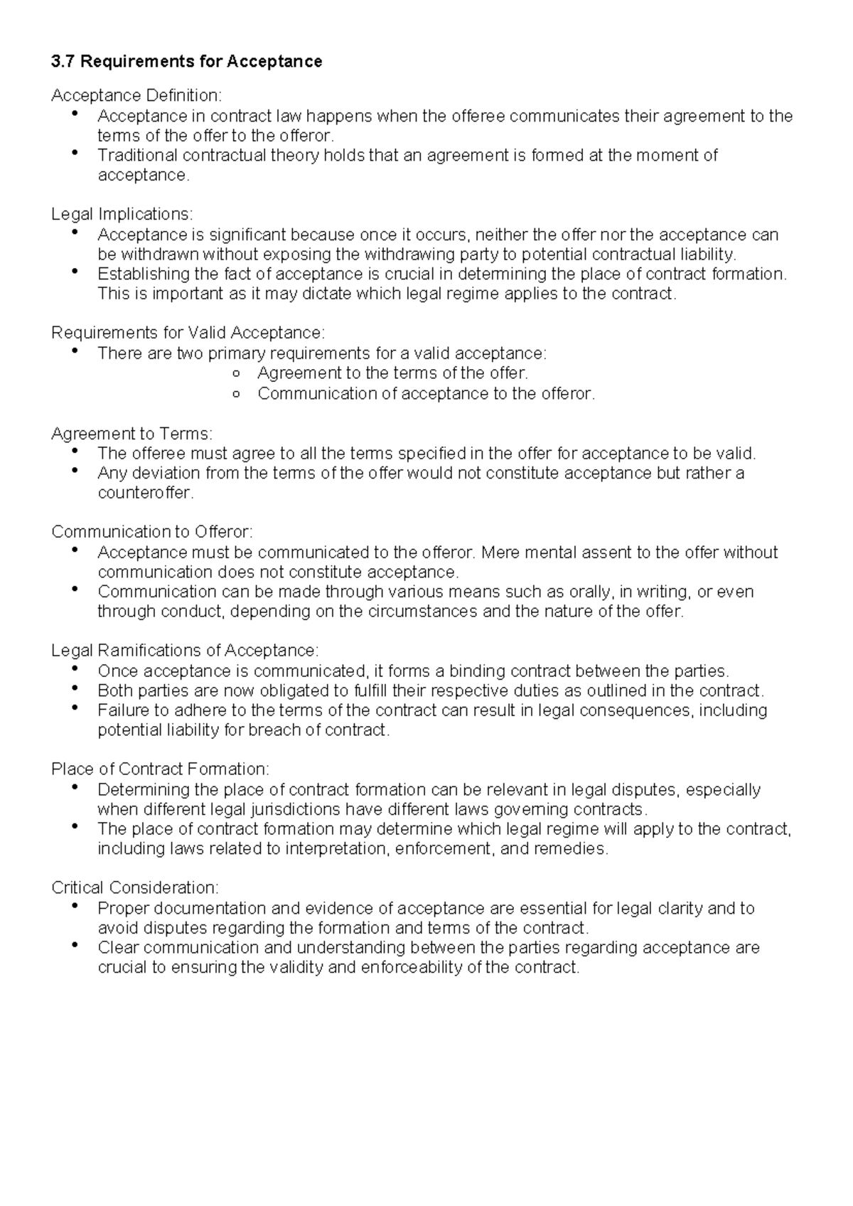 Contracts Week 3 - Summary Contract Law - 3 Requirements for Acceptance ...