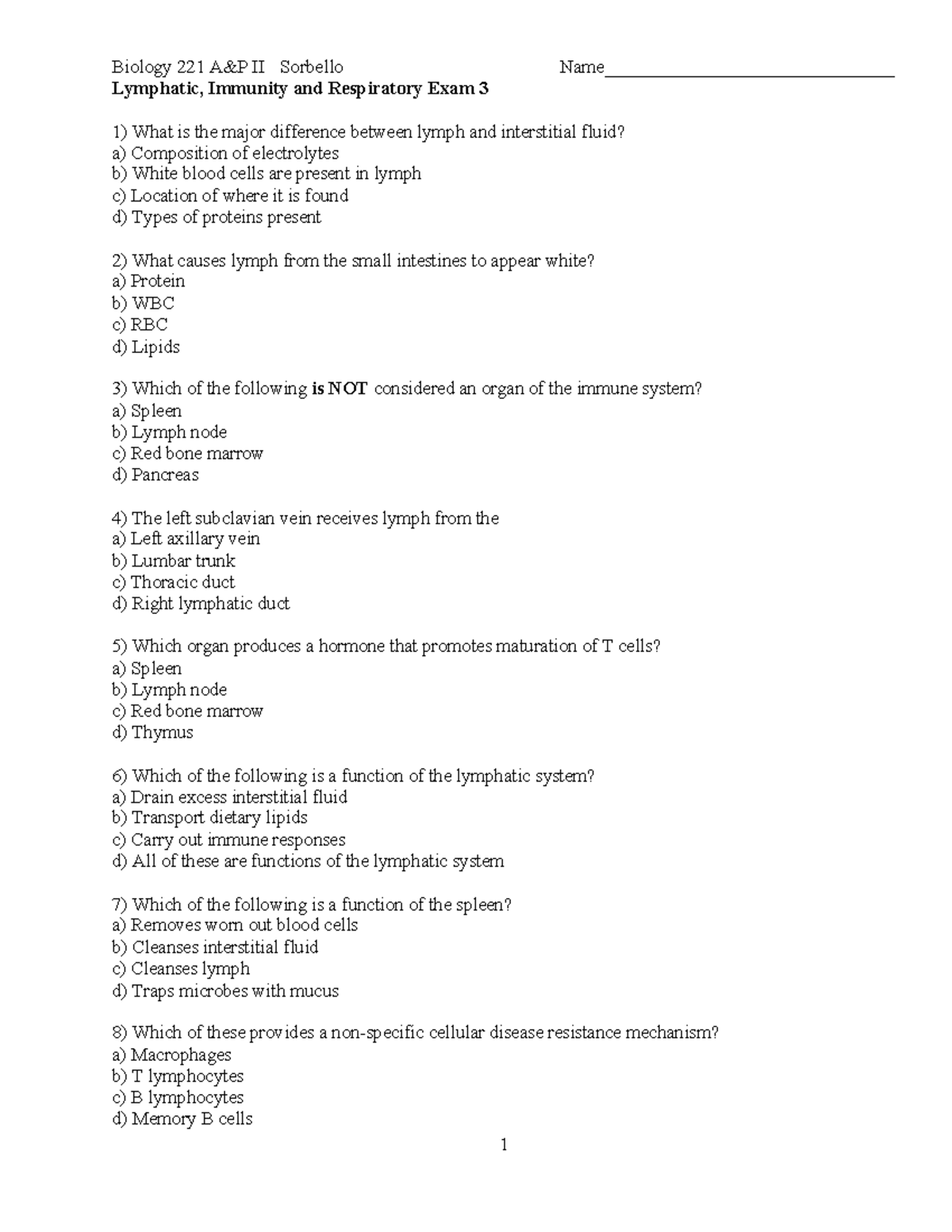 Lymphatic and Respiratory Exam 3 - Biology 221 A&P II Sorbello - Studocu