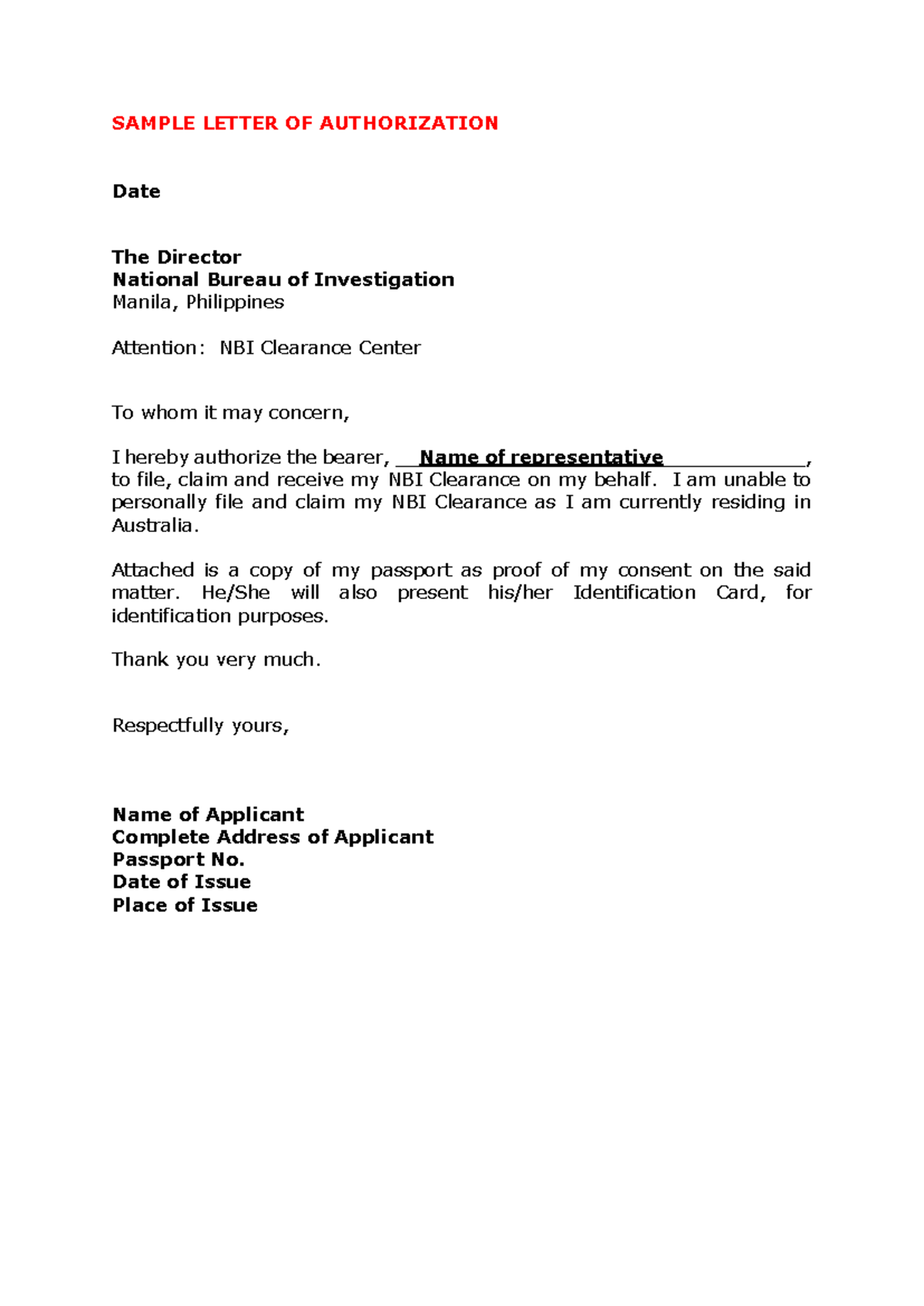 S a mple Letter OF Authoriz a tion-NBI - SAMPLE LETTER OF AUTHORIZATION ...