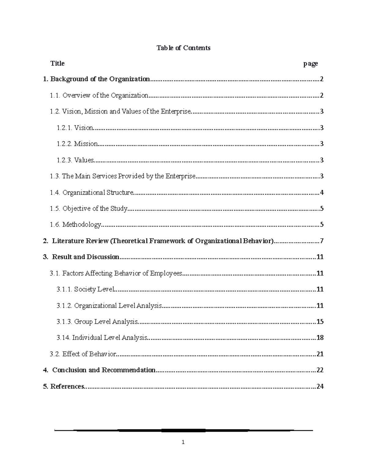Organizational Behaviour docx - Table of Contents Background of the - Studocu