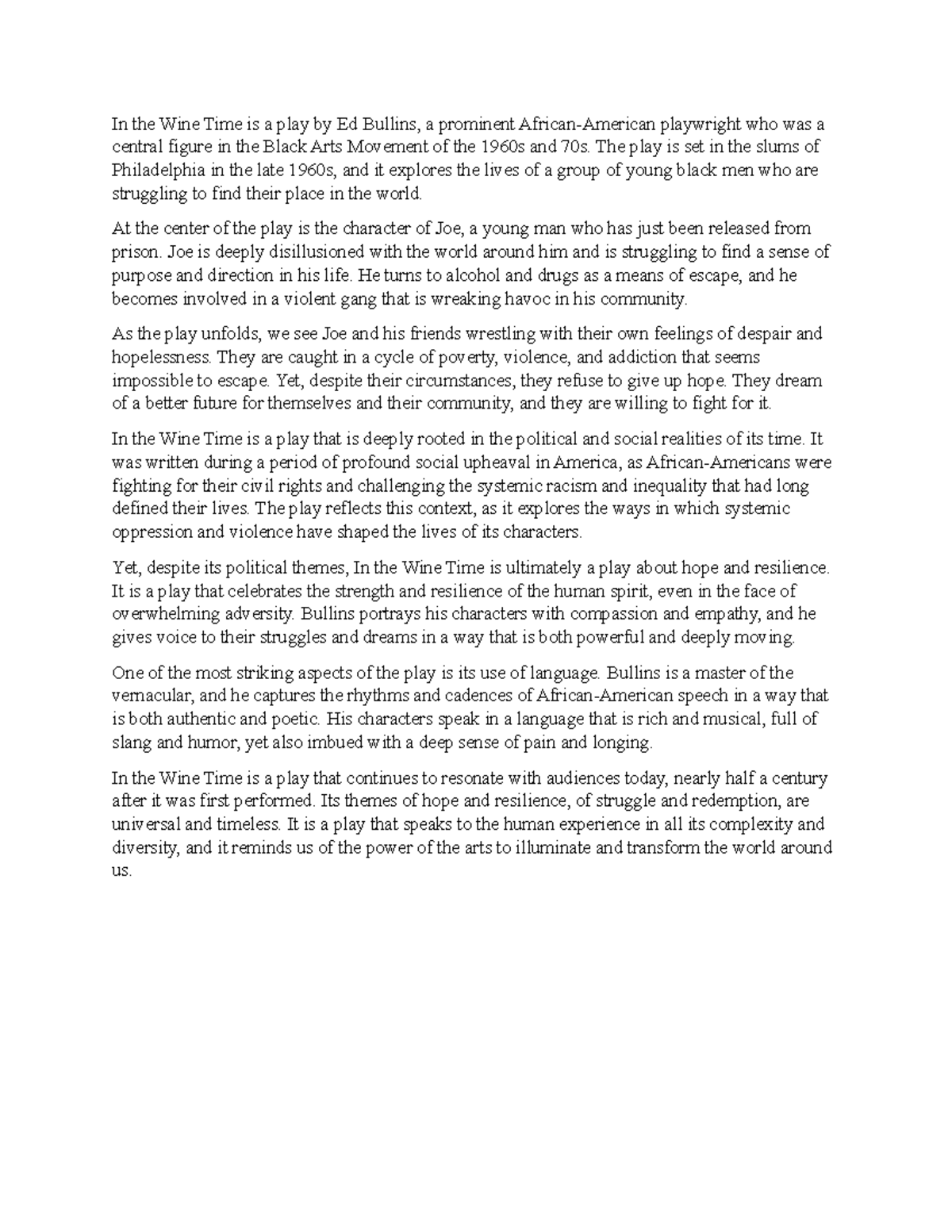 In the Wine Time (1969) Ed Bullins - In the Wine Time is a play by Ed ...