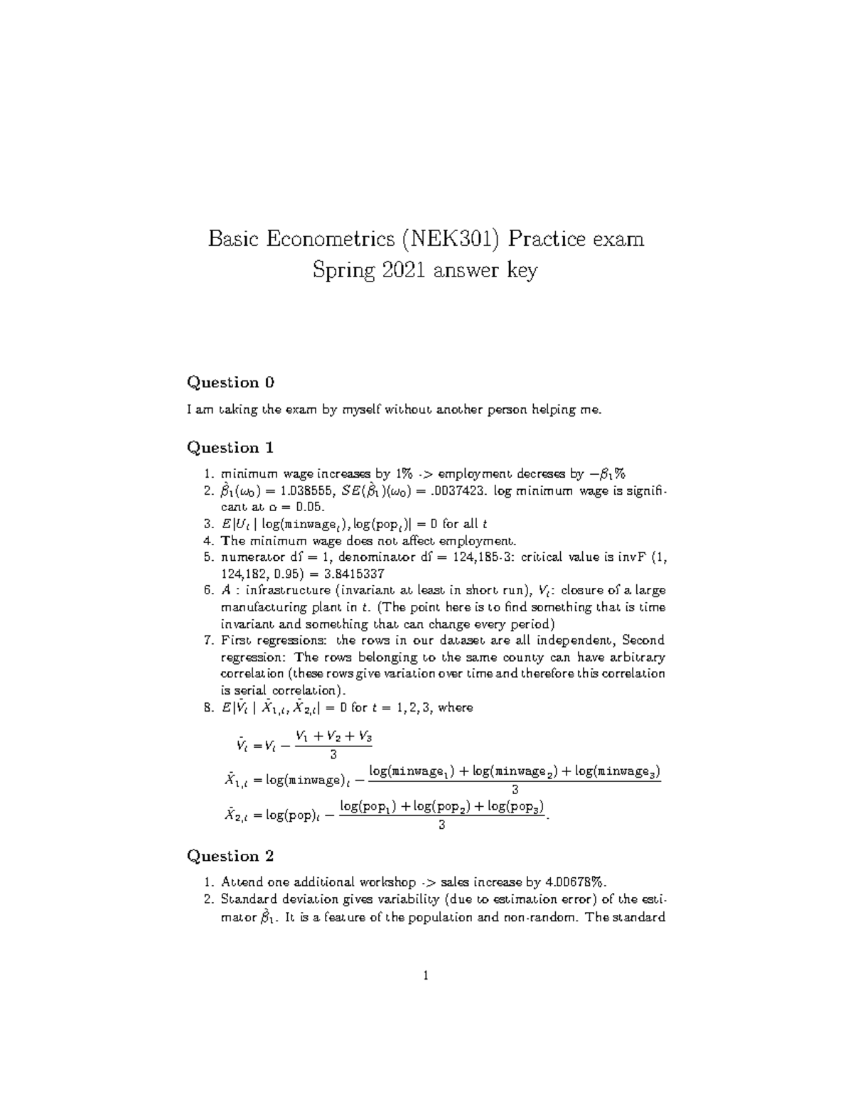 Övningstenta svar - Basic Econometrics (NEK301) Practice exam Spring ...
