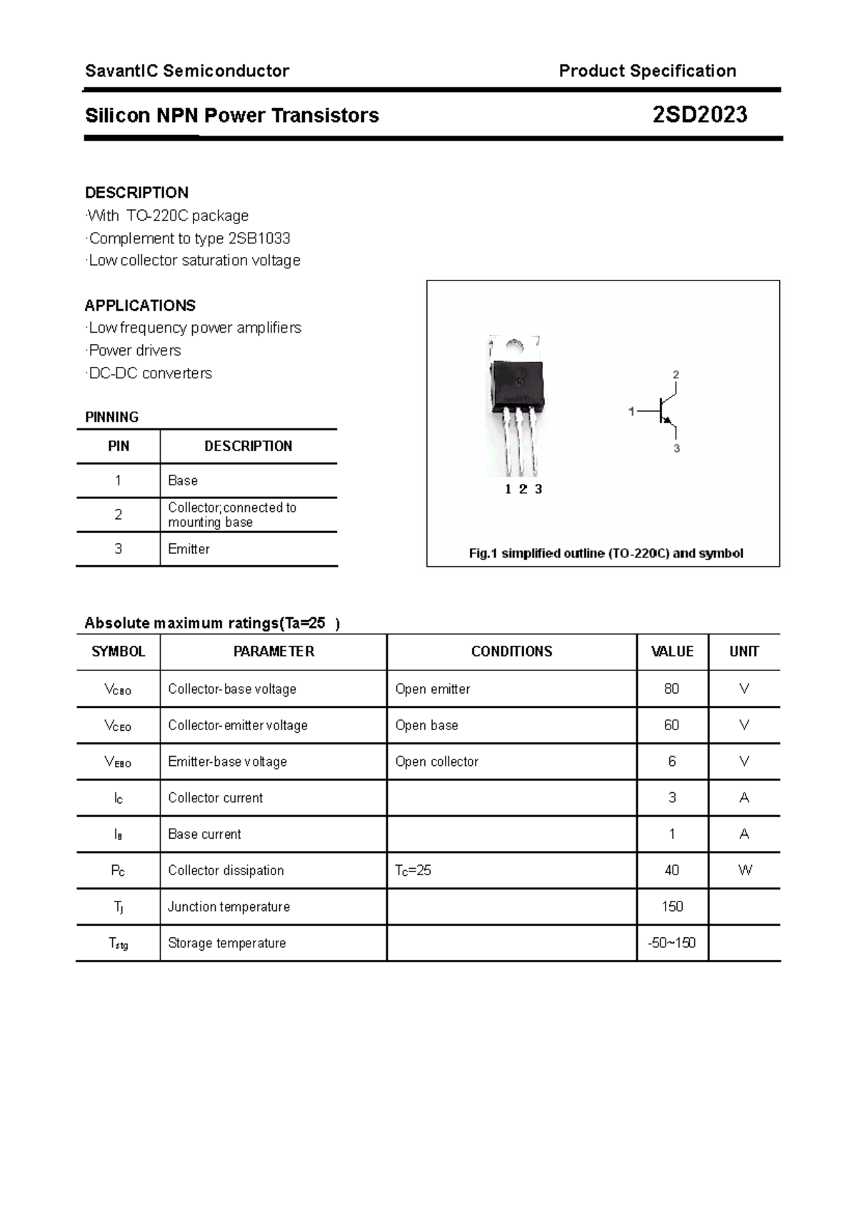 BJT-NPN- Power 2SD2023 - SavantIC Semiconductor Product Specification Silicon NPN Power ...