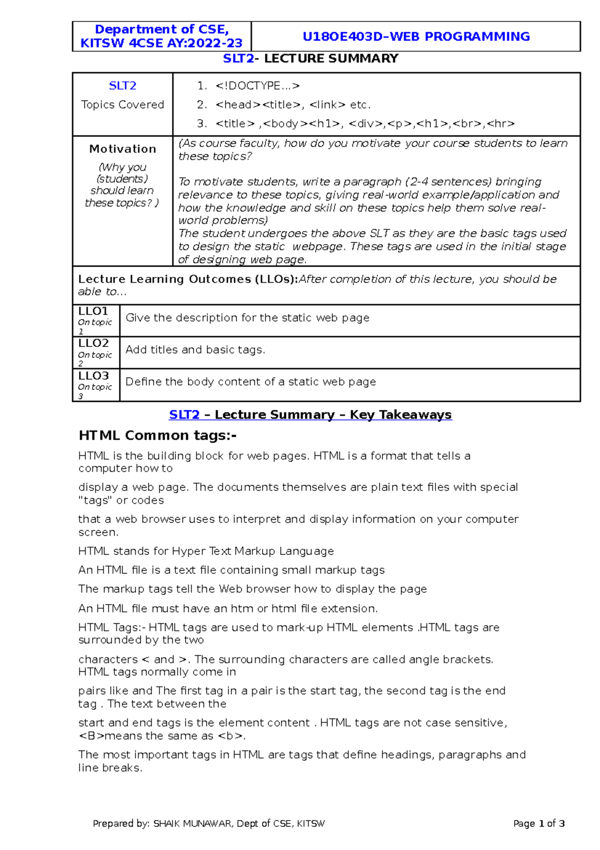 Wp Slt2 Summary 1 Web Programming Important Topic Department Of Cse Kitsw 4cse Ay2022 23