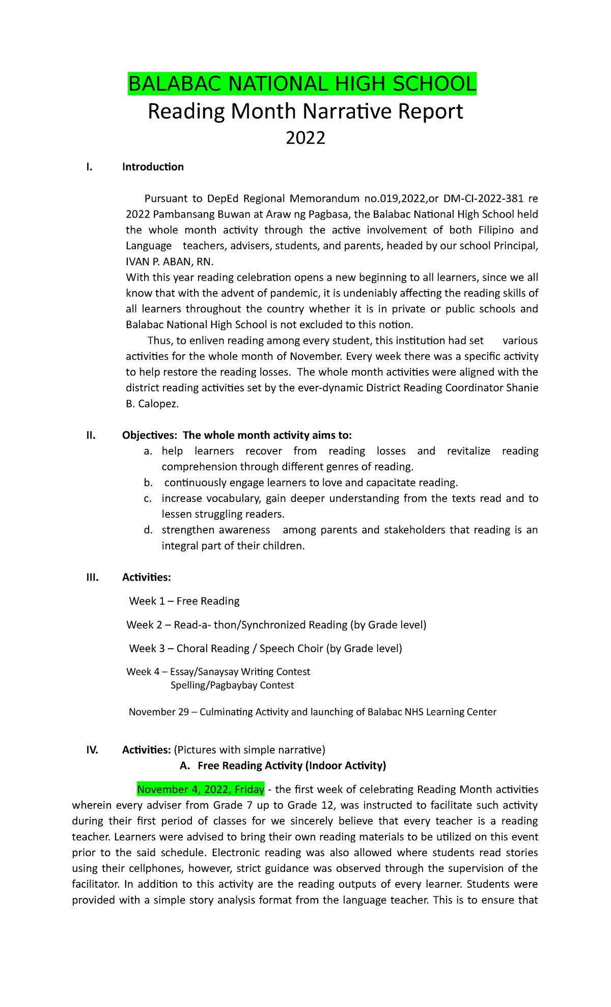 Reading 202Report - BALABAC NATIONAL HIGH SCHOOL Reading Month ...