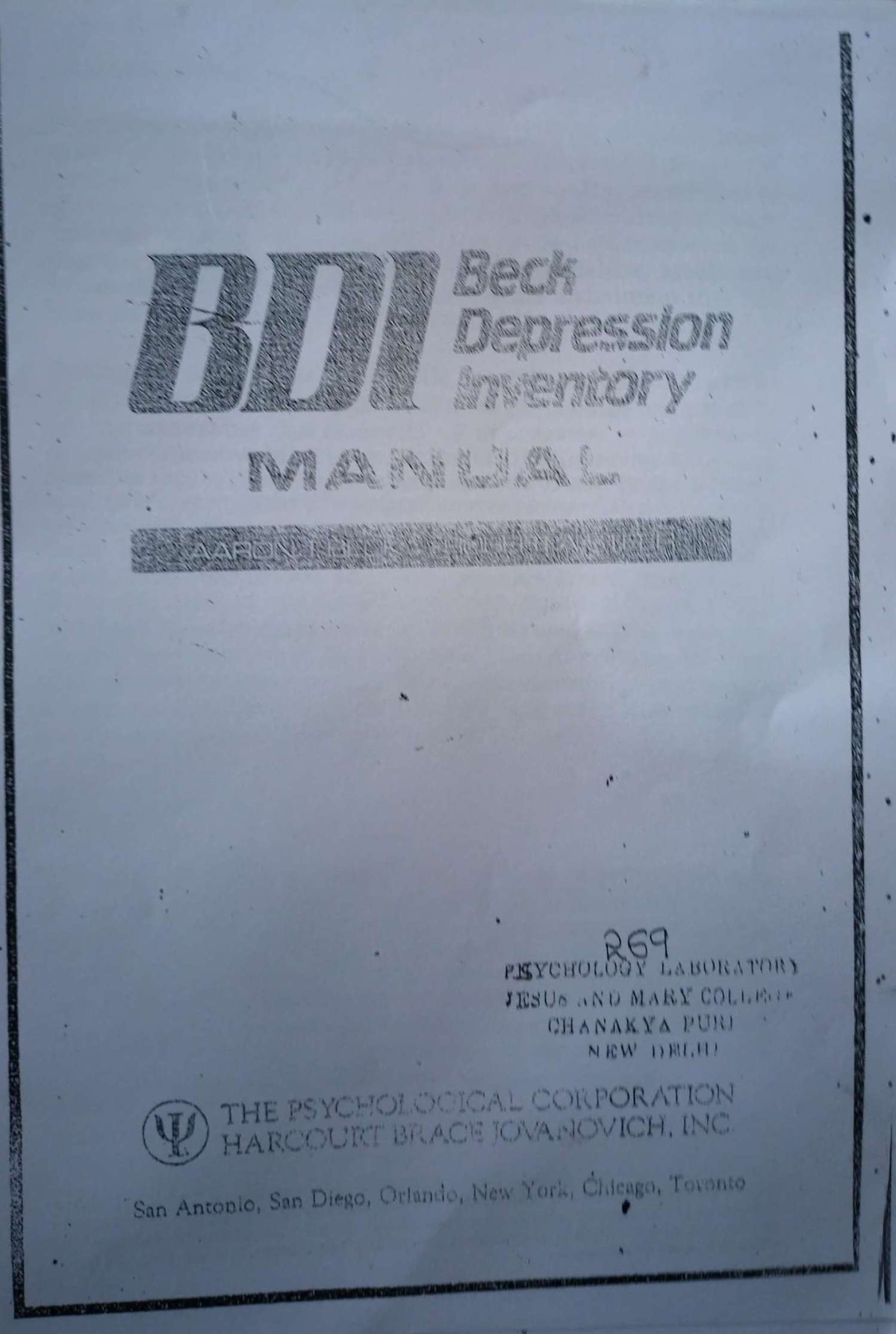 Beck Depression Inventory Manual - Beck Depression Inventory GS 269 ...