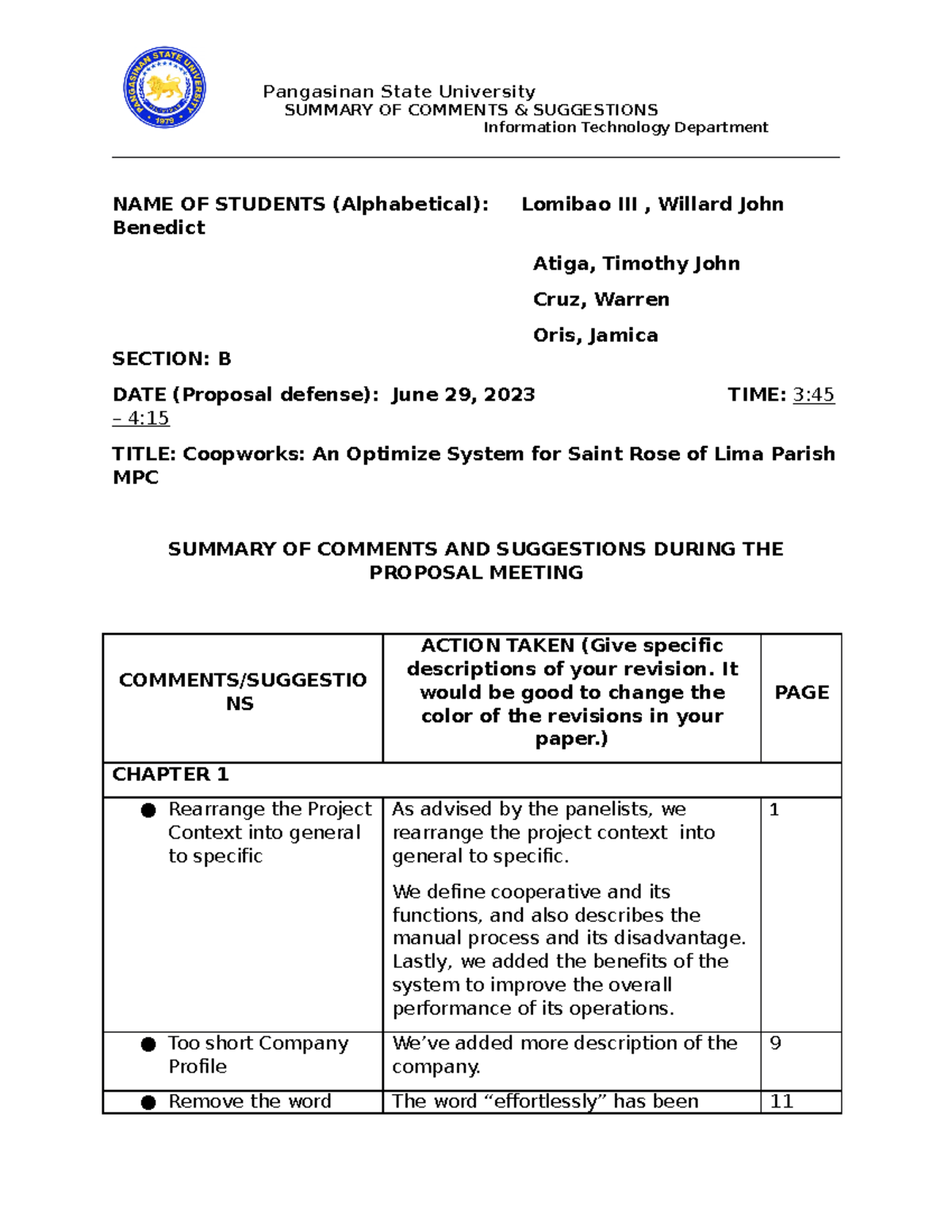 Table-of-Correction-for-Proposal-Def_final - Pangasinan State University SUMMARY OF COMMENTS ...