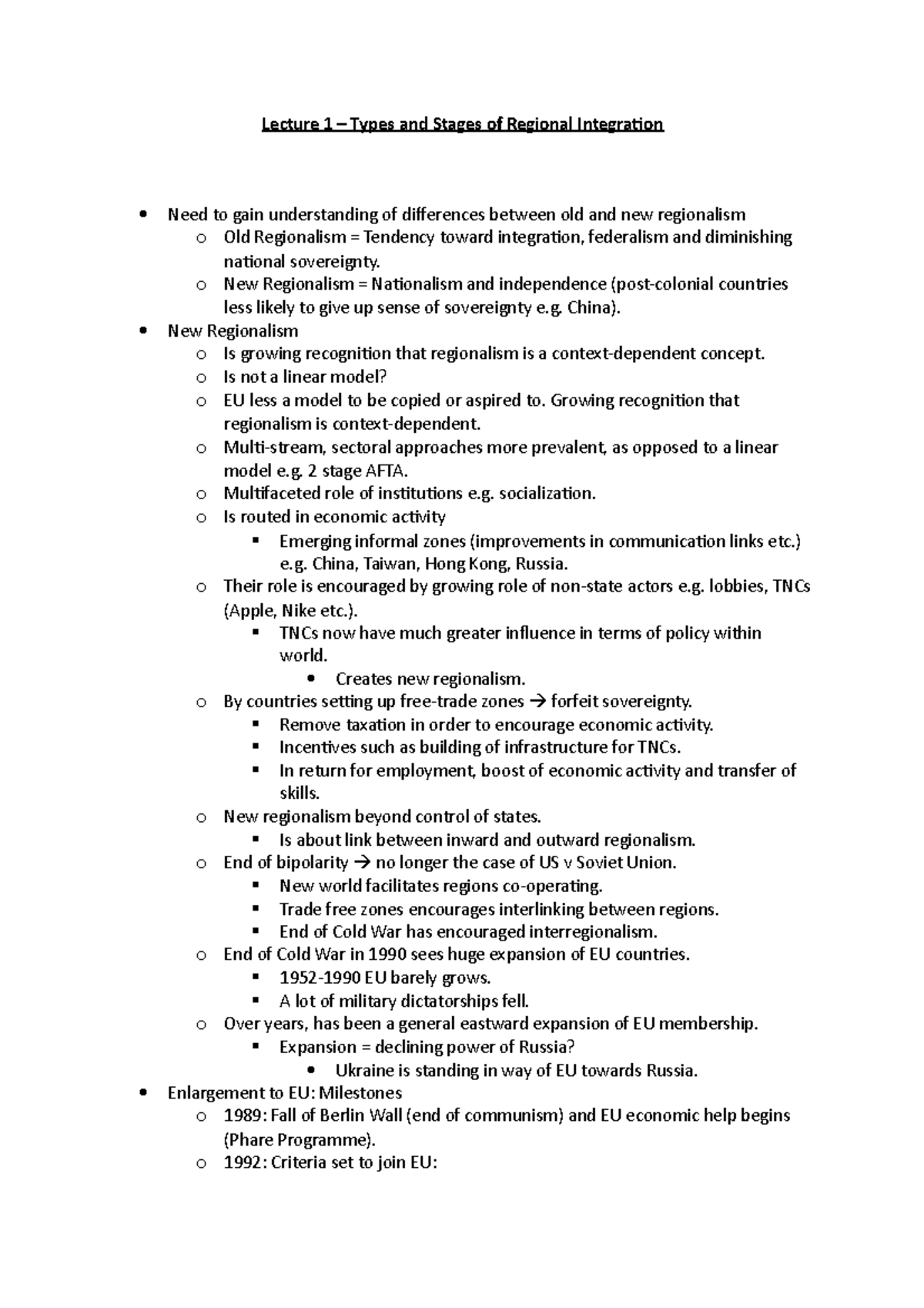 L –Types and Stages of Regional Integration - Lecture 1 – Types and ...